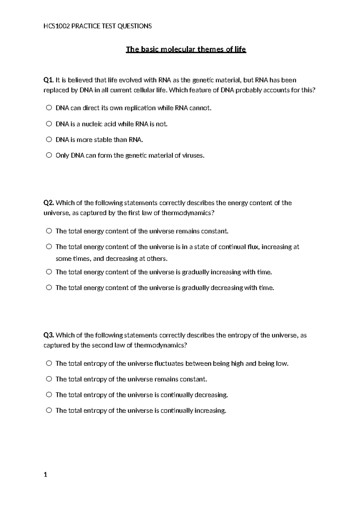 HCS1002 PRACTICE TEST QUESTIONS: Molecular Themes of Life - Studocu