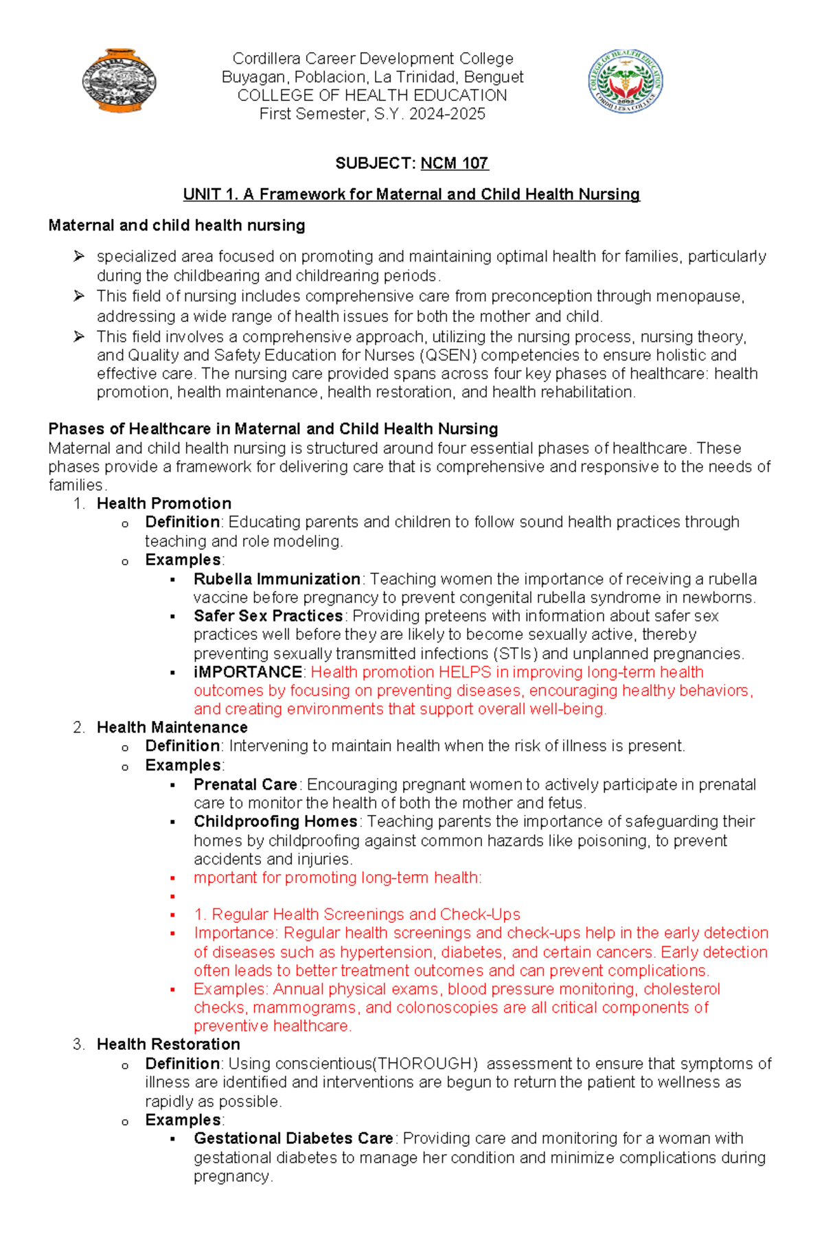 NCM 107 Unit 1: Maternal and Child Health Nursing Overview - Studocu