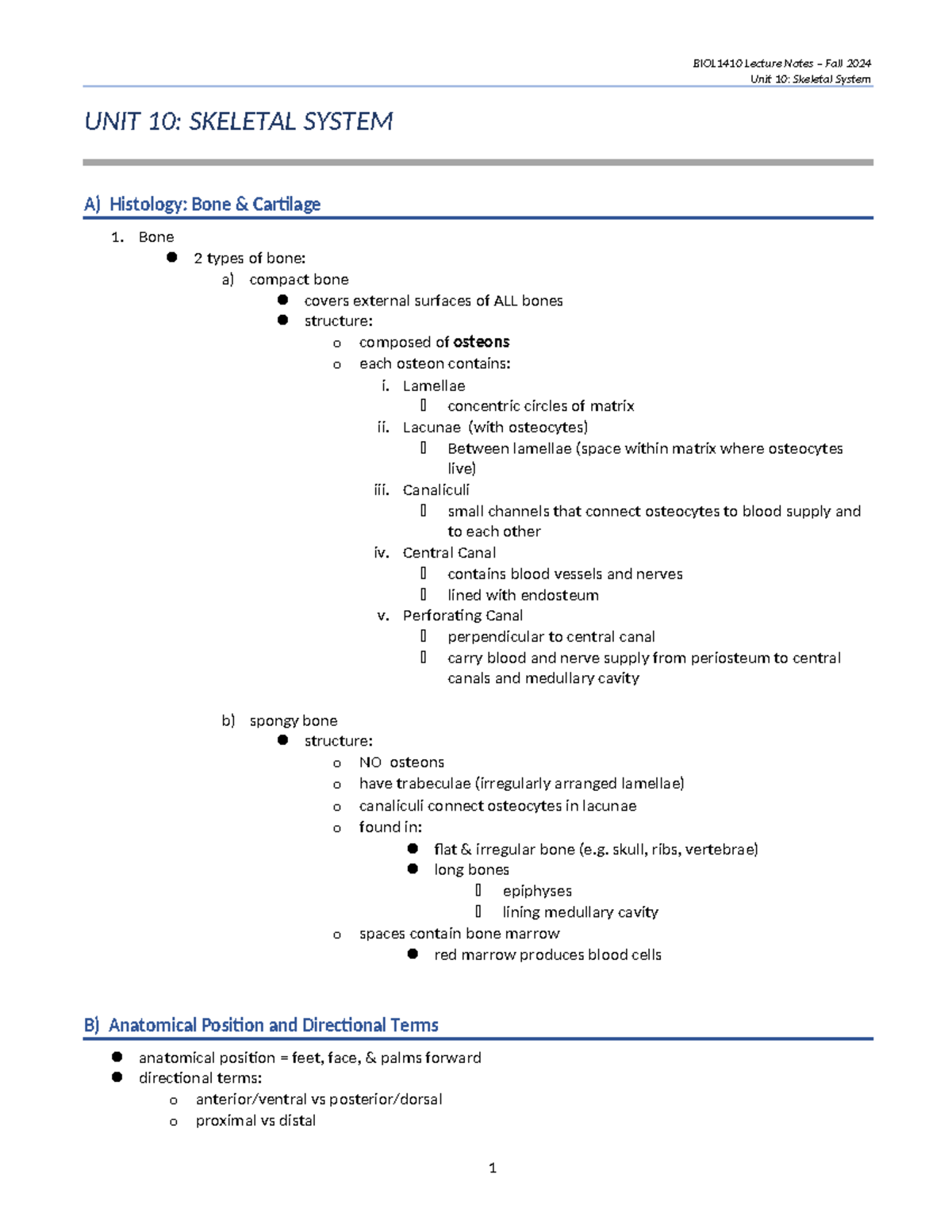 BIOL1410 Lecture Notes Fall 2024: Unit 10 - Skeletal System Overview ...