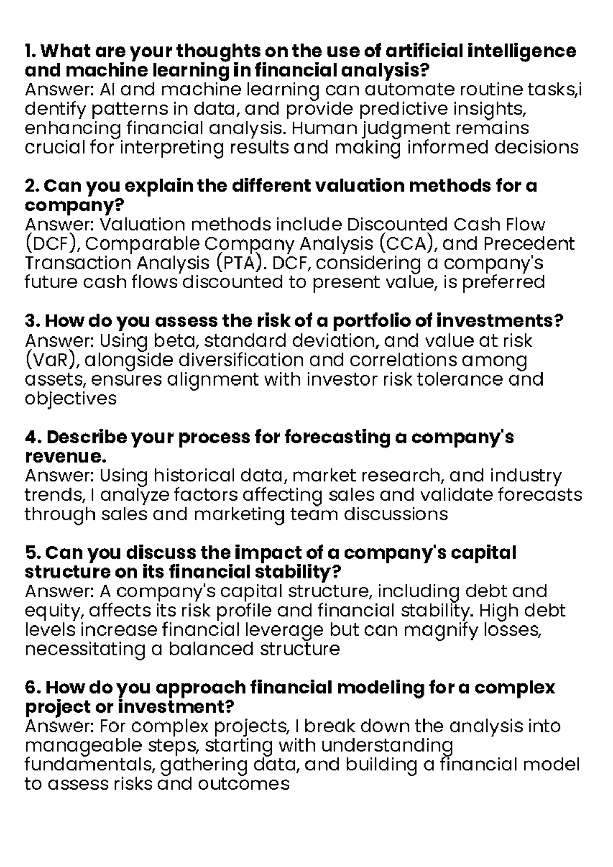 50 Financial Analyst Interview Questions & Answers (FIN 101) - Studocu