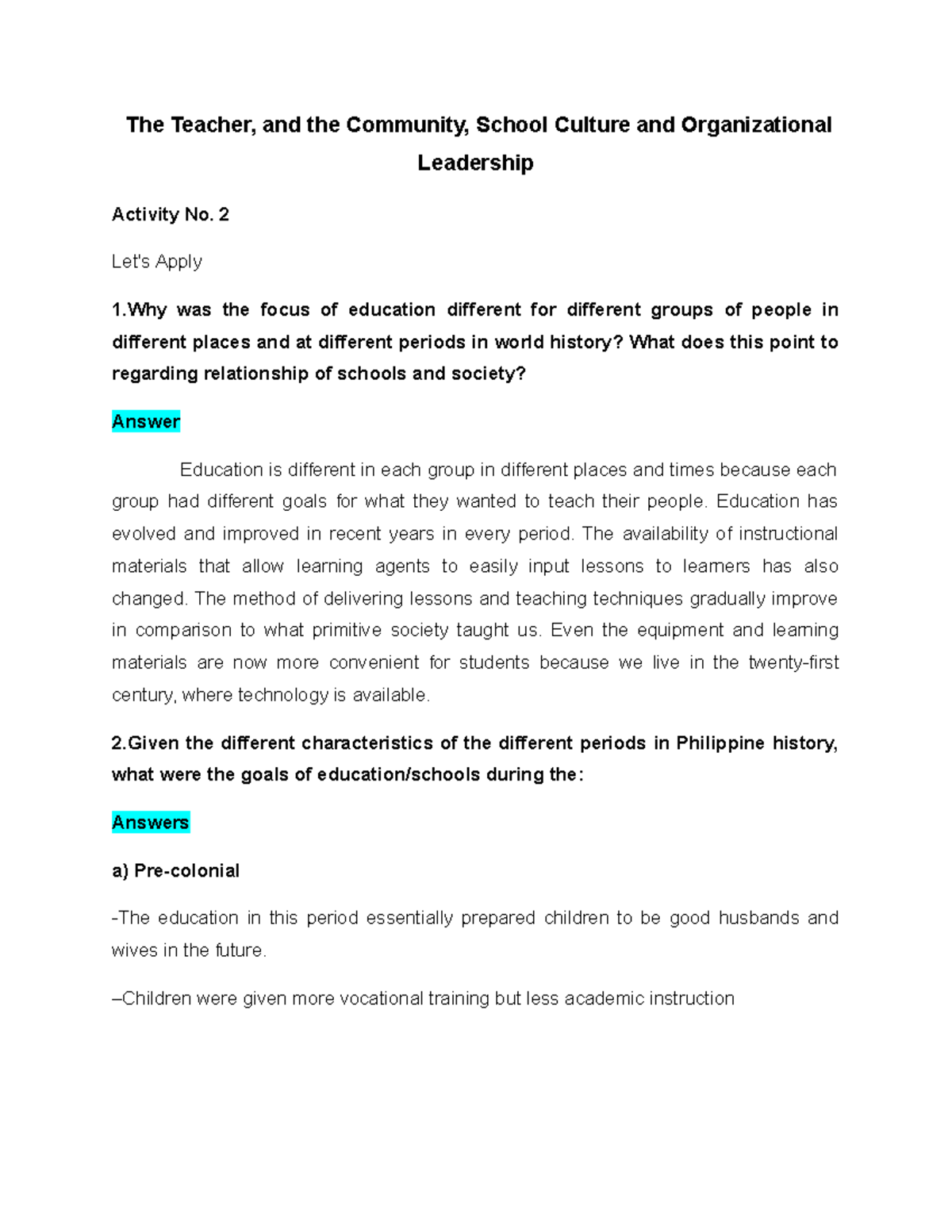 Activity 2: The Teacher, Community, School Culture & Org Leadership ...