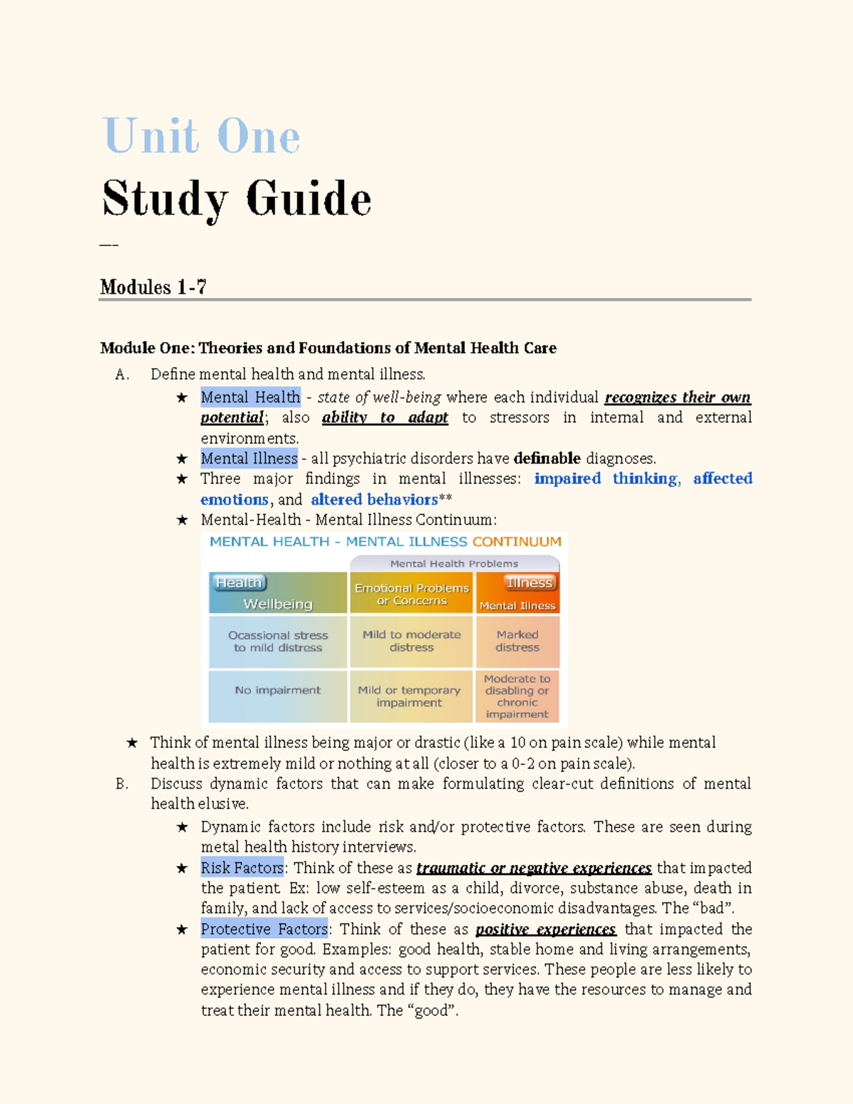 MH Exam No. 1 Blueprint - Study Guide to help with exam 1 - Unit One ...