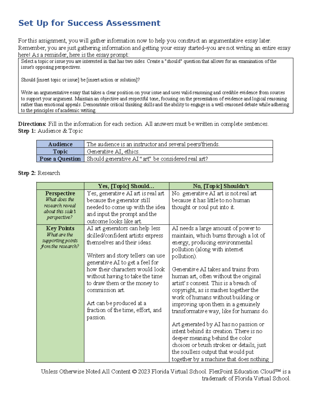 Set up for success assess rubric - Set Up for Success Assessment For ...