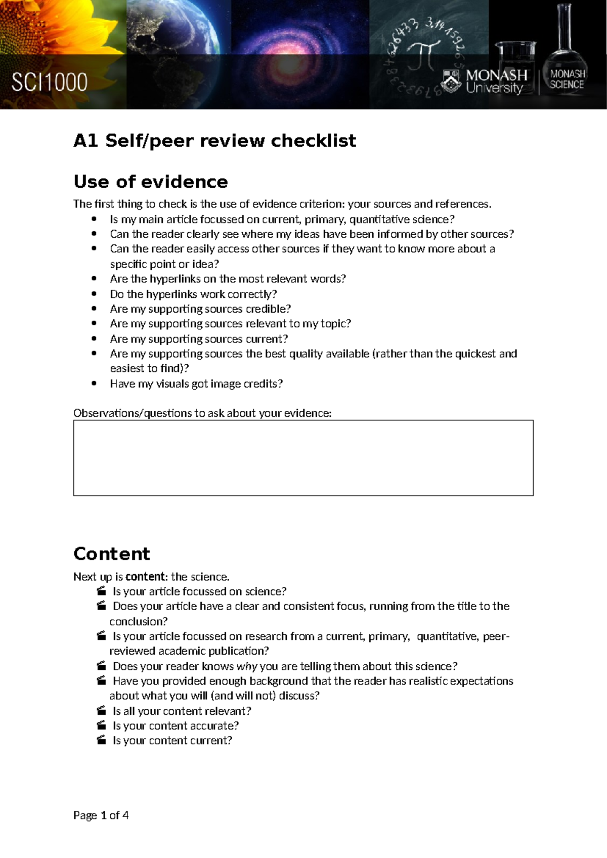 SCI1000 A1 Peer Review Checklist Week4 S224 - A1 Self/peer review ...