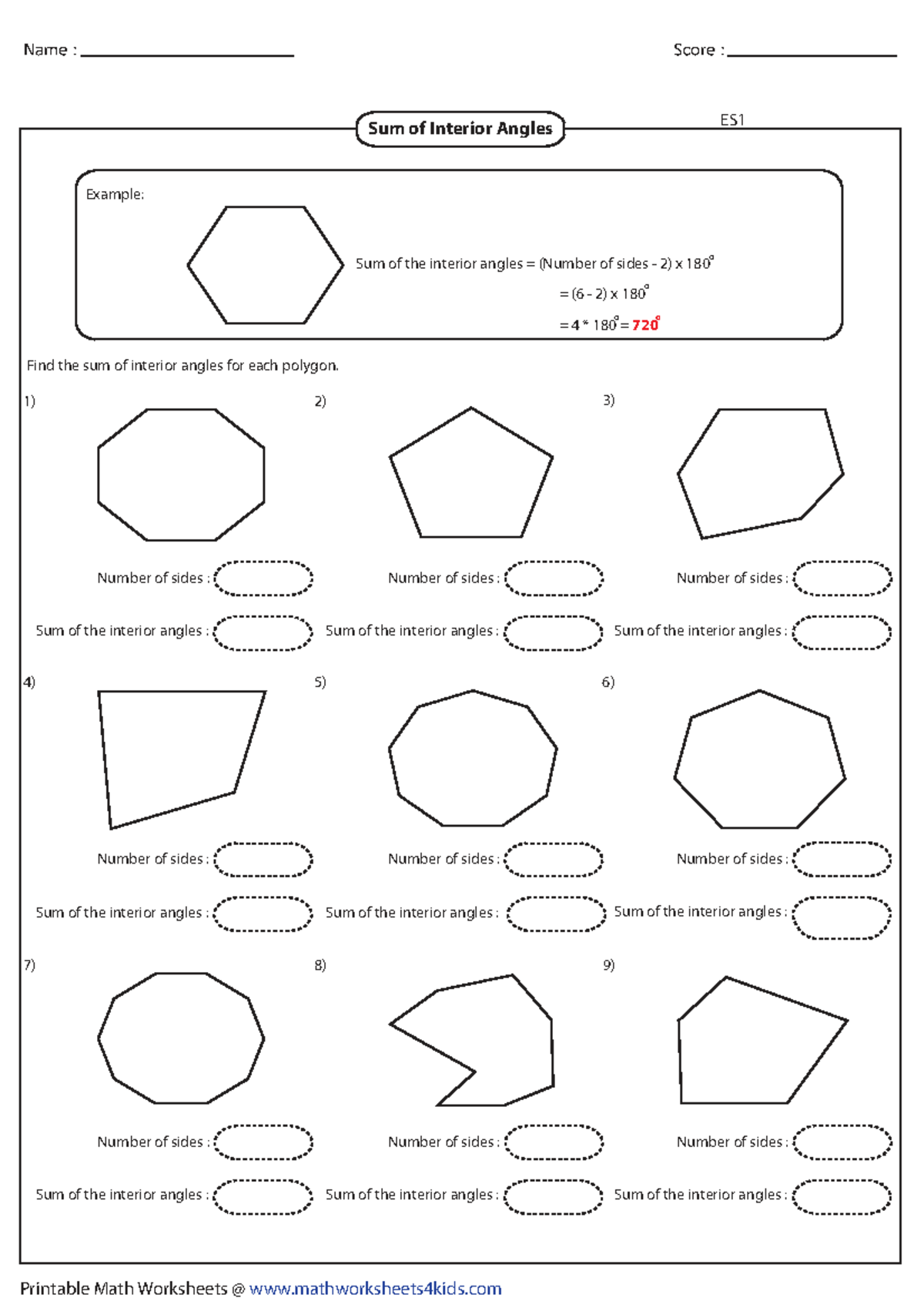 ES1-ES3 Sum of interior angles for polygons: Examples and worksheets ...