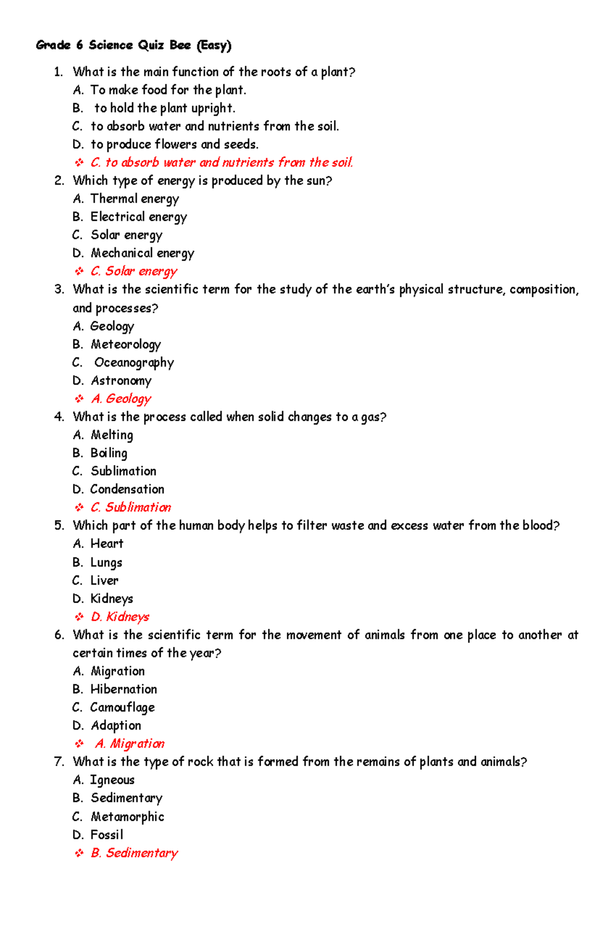 Grade 6 Science Quiz Bee: Easy, Average, and Difficult Levels - Studocu