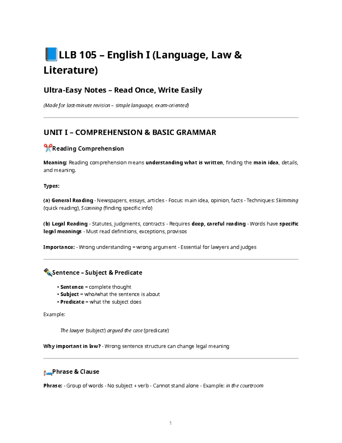 LLB 105 English I: Easy Revision Notes for Language & Law - Studocu
