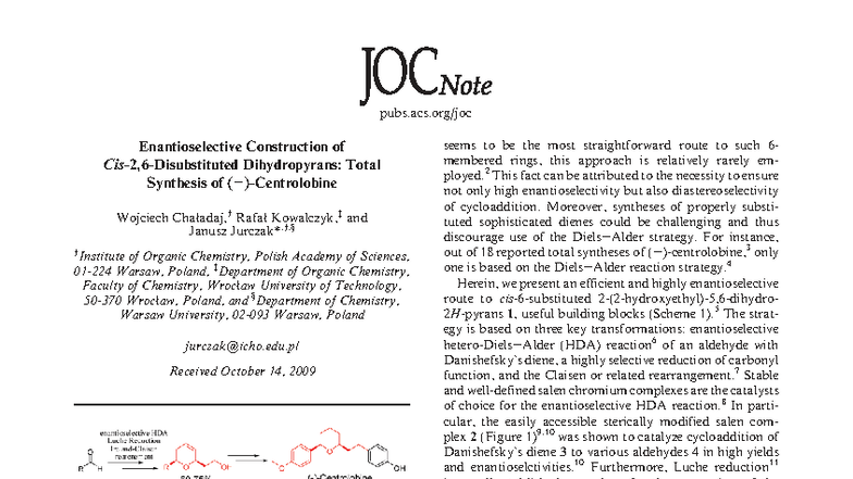 Enantioselective Synthesis of Dihydropyrans: JOC Note 2010 - Studocu