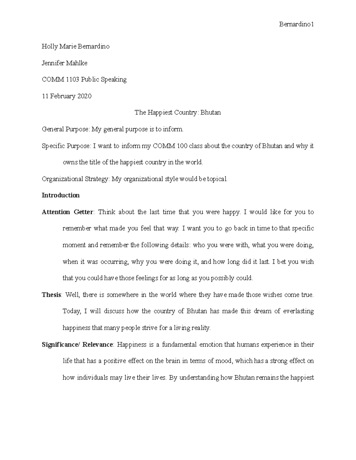 COM1100 Bhutan Speech Outline - Holly Marie Bernardino Jennifer Mahlke ...
