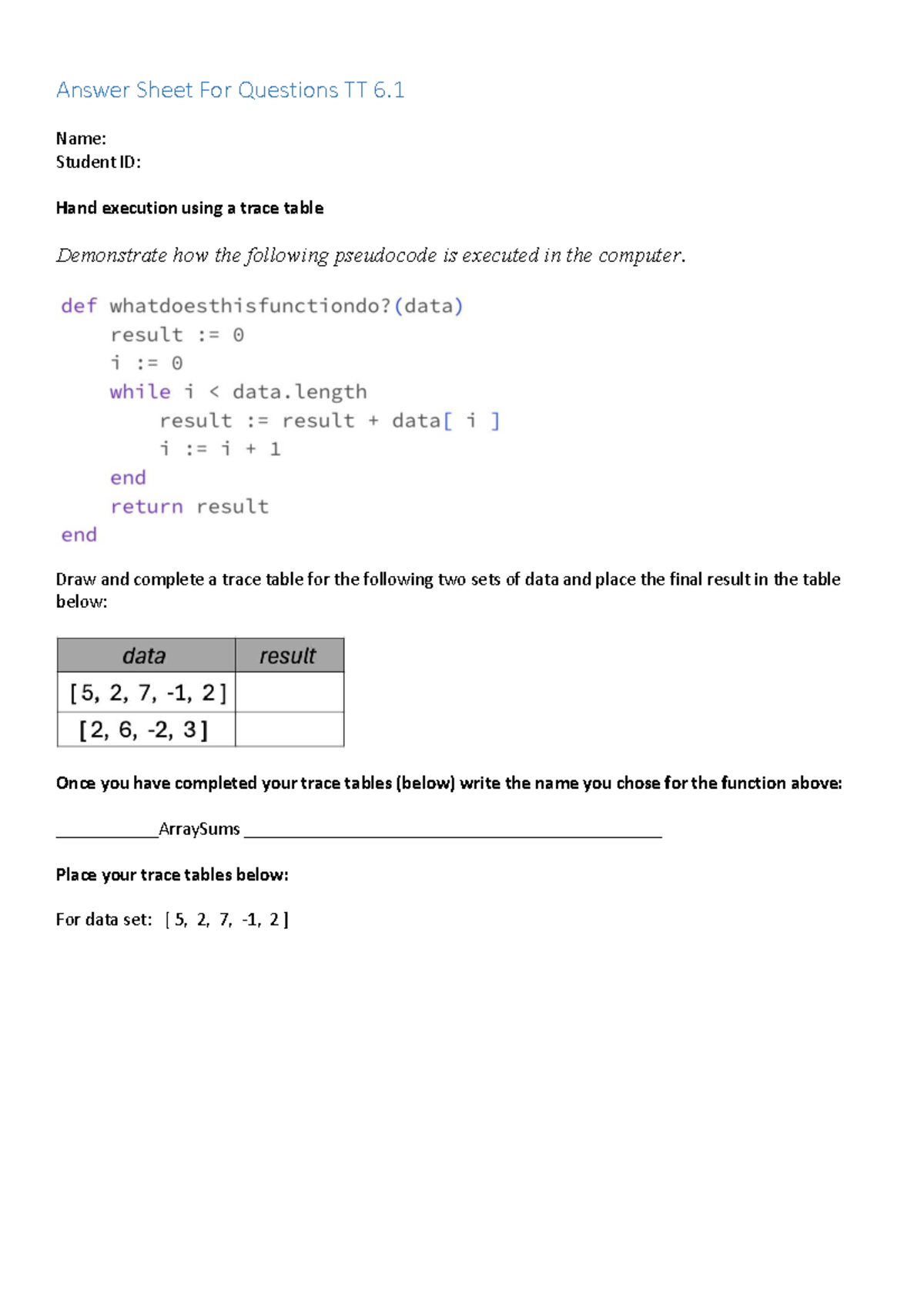 Tutorial Task - Hand execution - Arrays-V2 - Answer Sheet For Questions ...