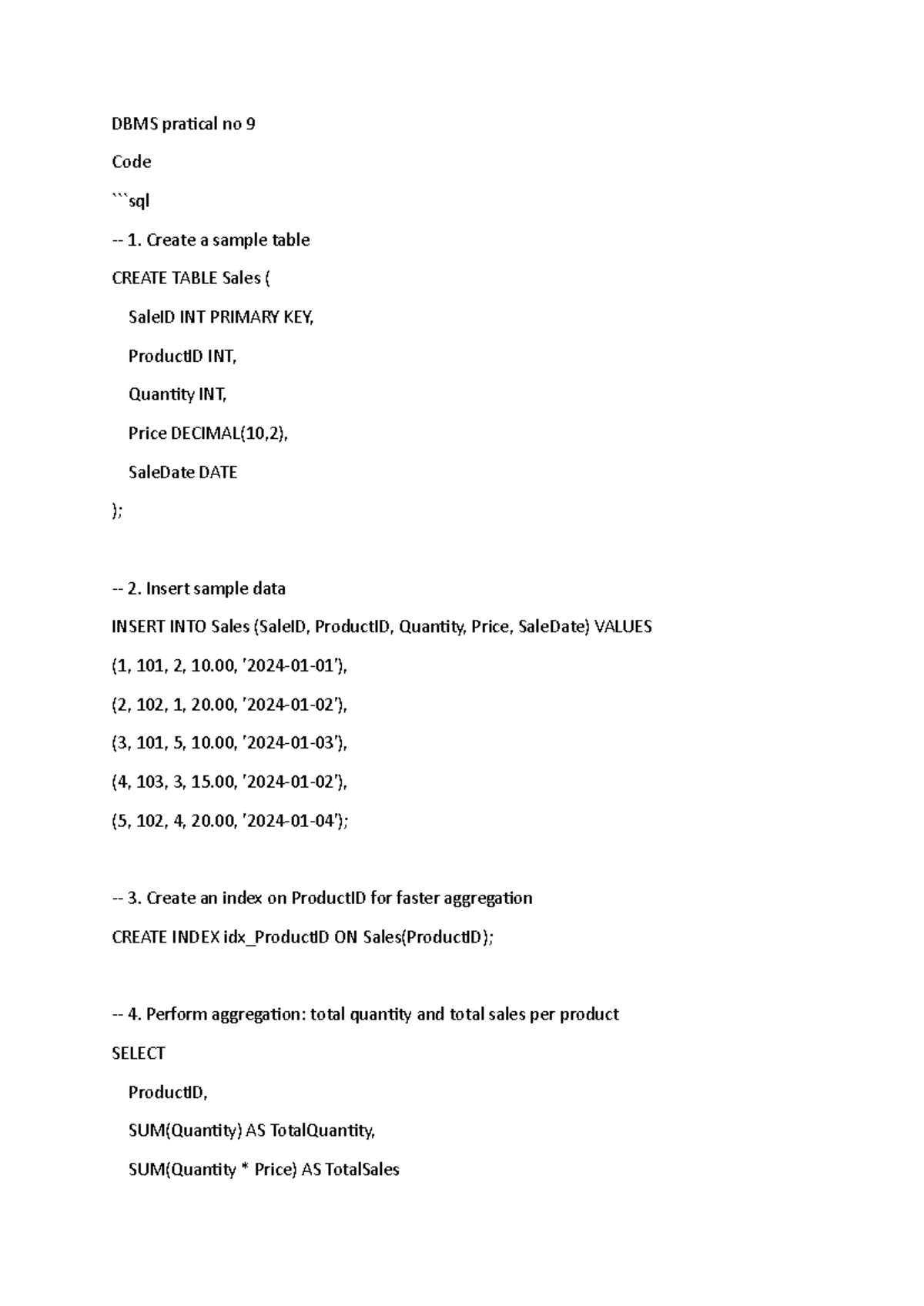 DBMS Practical No. 9: Creating and Managing Sales Table - Studocu