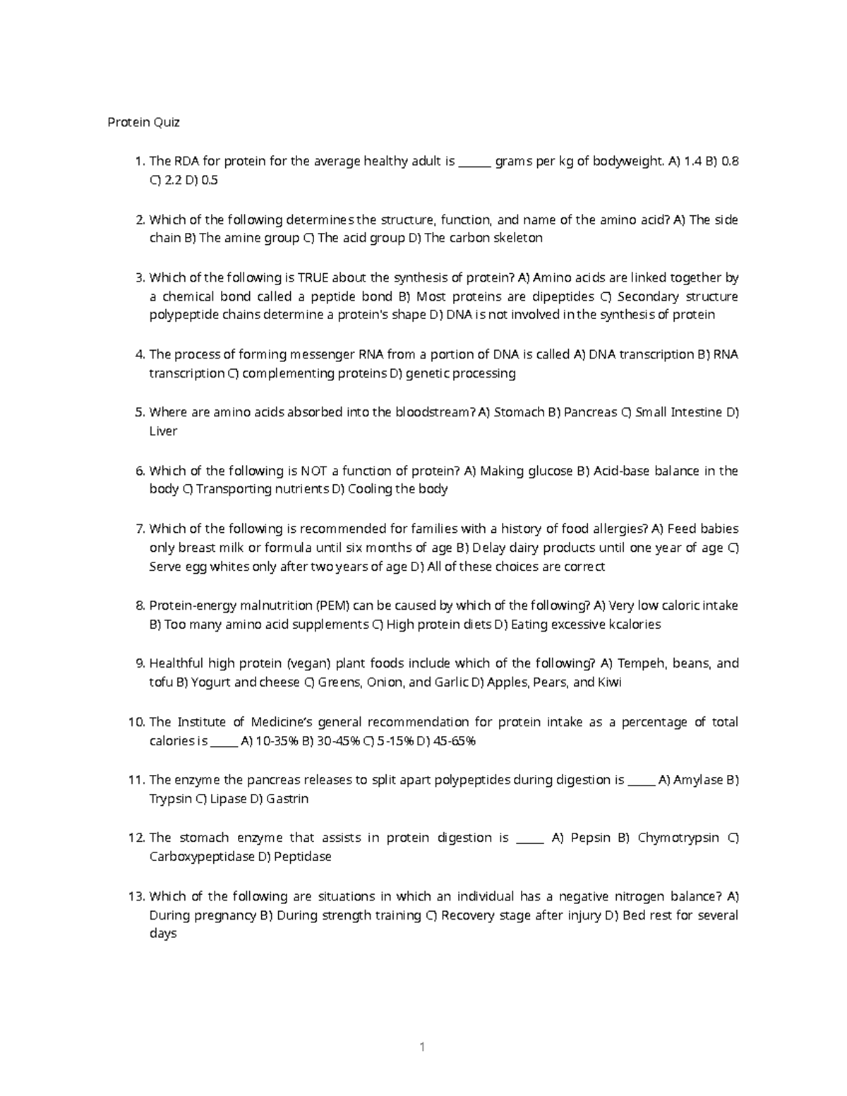Protein Quiz 1 & Answer Key for Nutrition Class (NUTR101) - Studocu