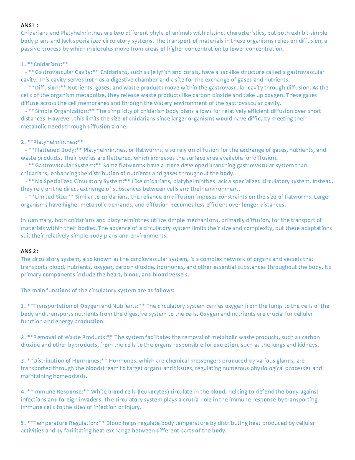 Transport in animals - ANS1 : Cnidarians and Platyhelminthes are two different phyla of animals ...