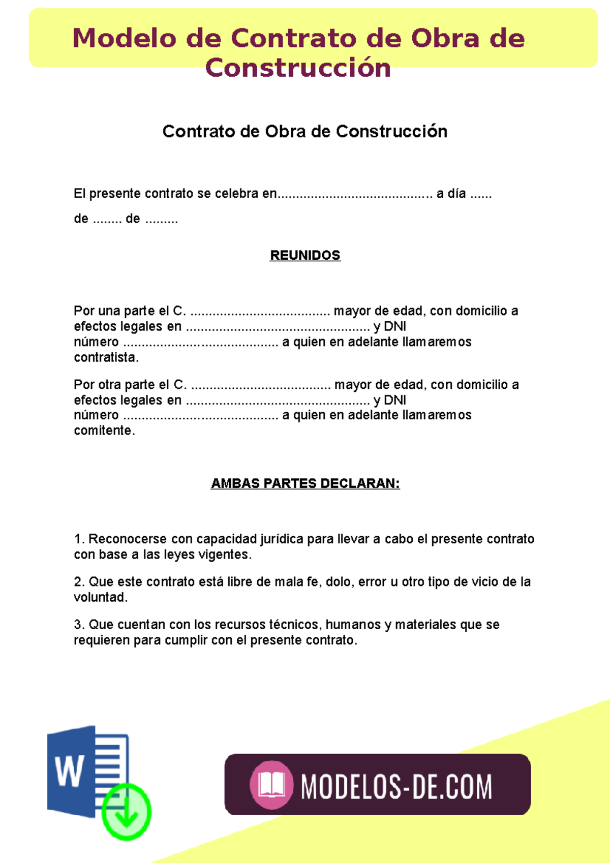 Modelo de Contrato de Obra de Construcción - Contrato de Obra de ...