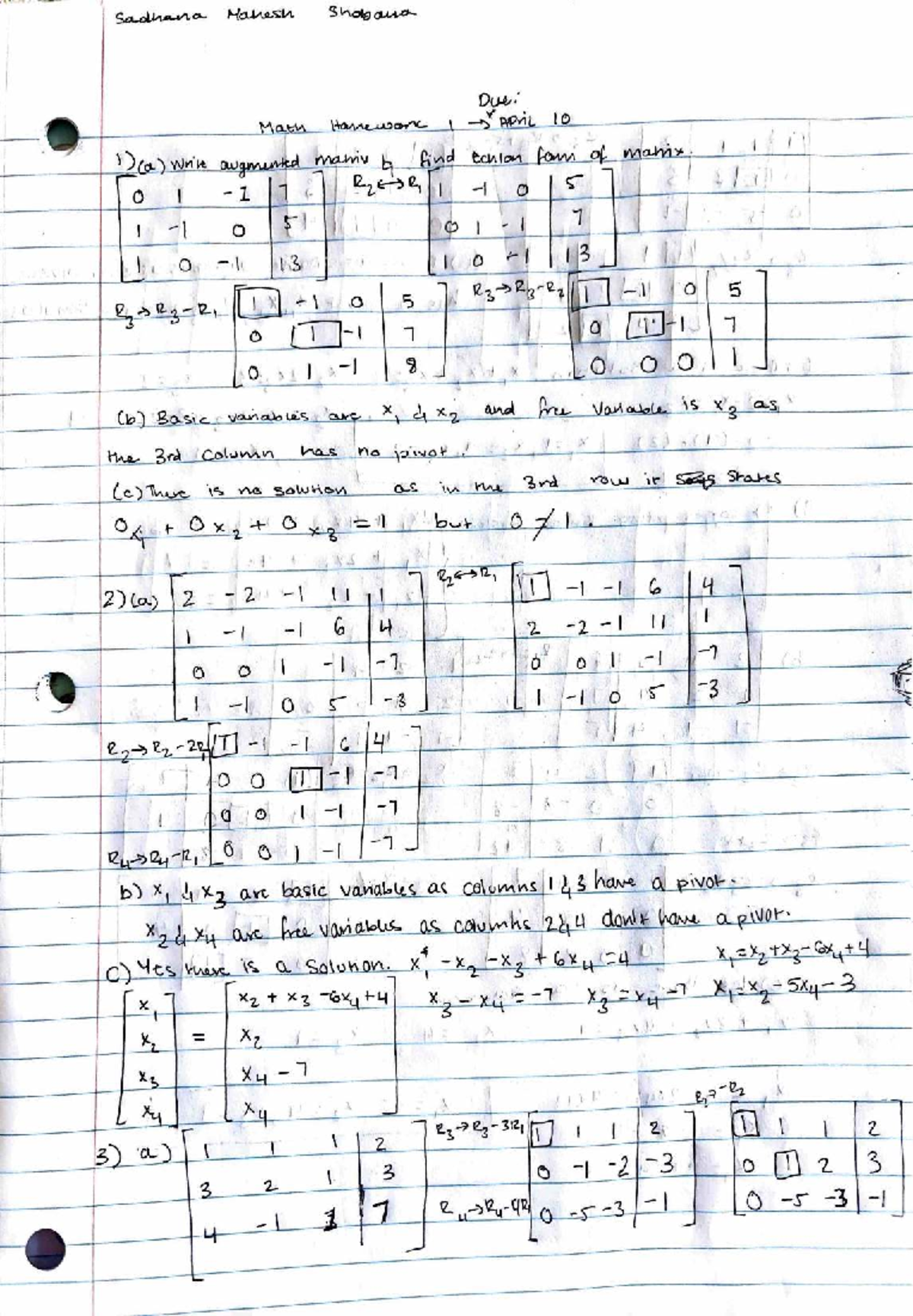 Math HW: Linear Algebra - Augmented Matrix & Linear Dependency - Studocu