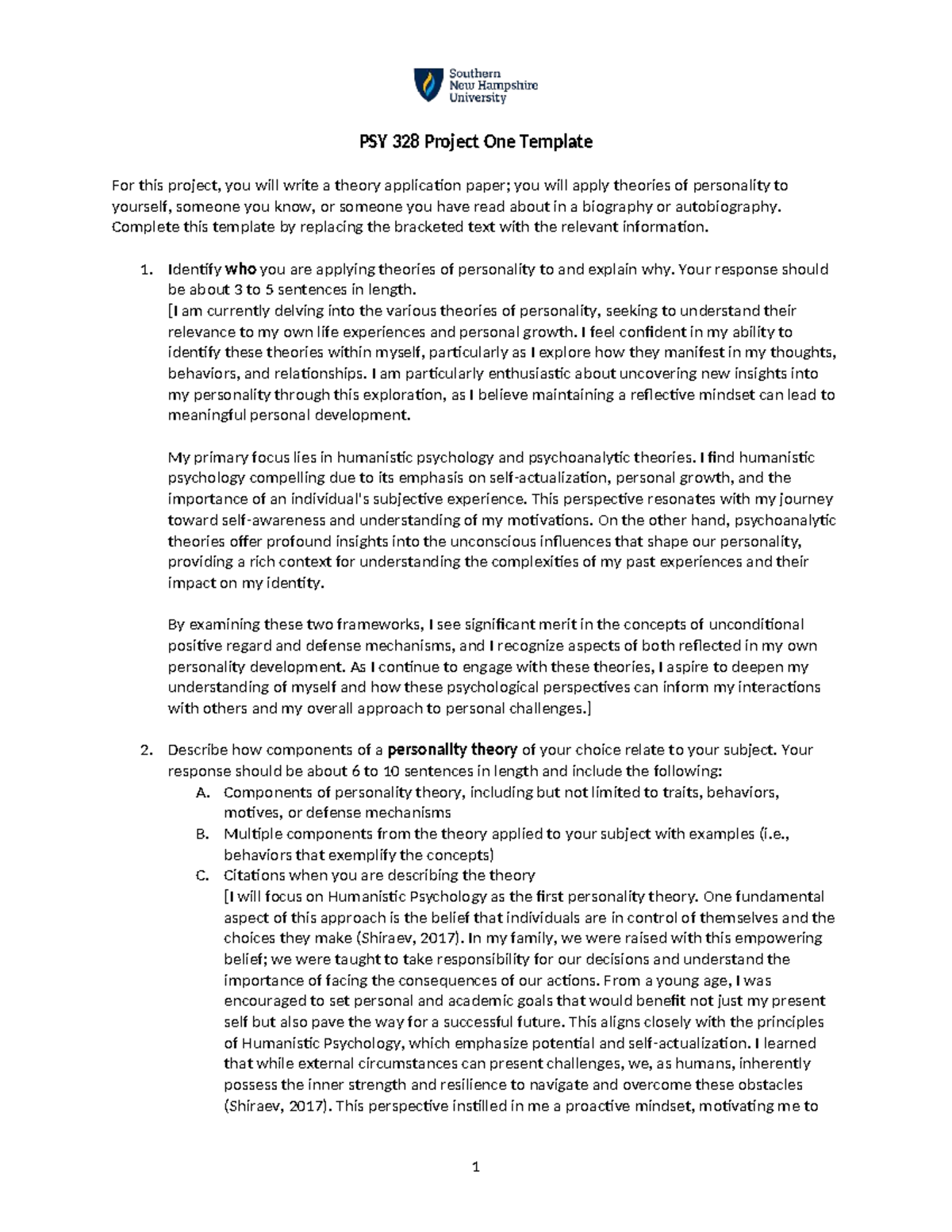 PSY 328 Theory Application Project: Personality Insights and Analysis ...