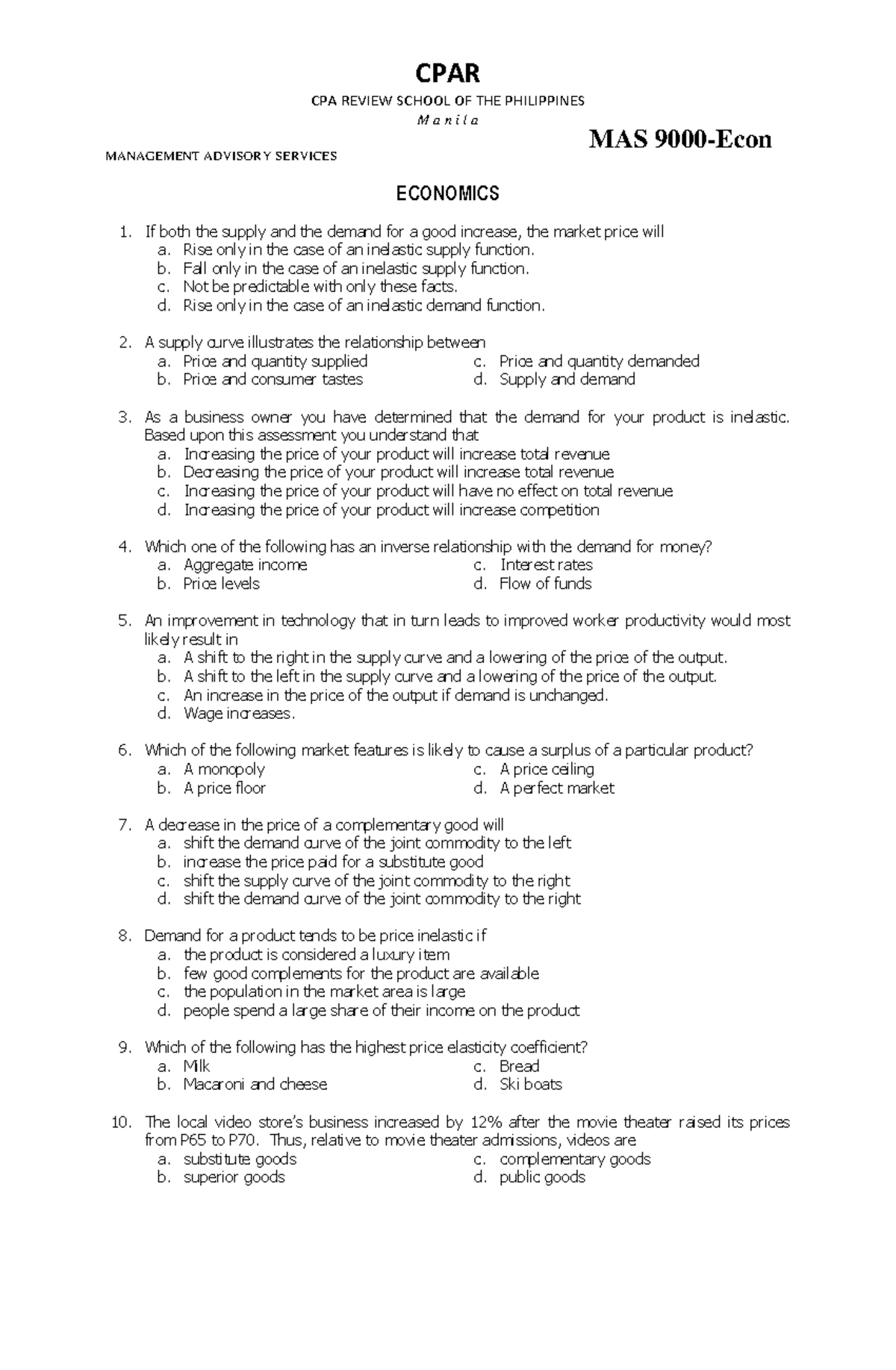 CPAR MAS ECONOMICS REVIEW: Key Concepts and Practice Questions - Studocu