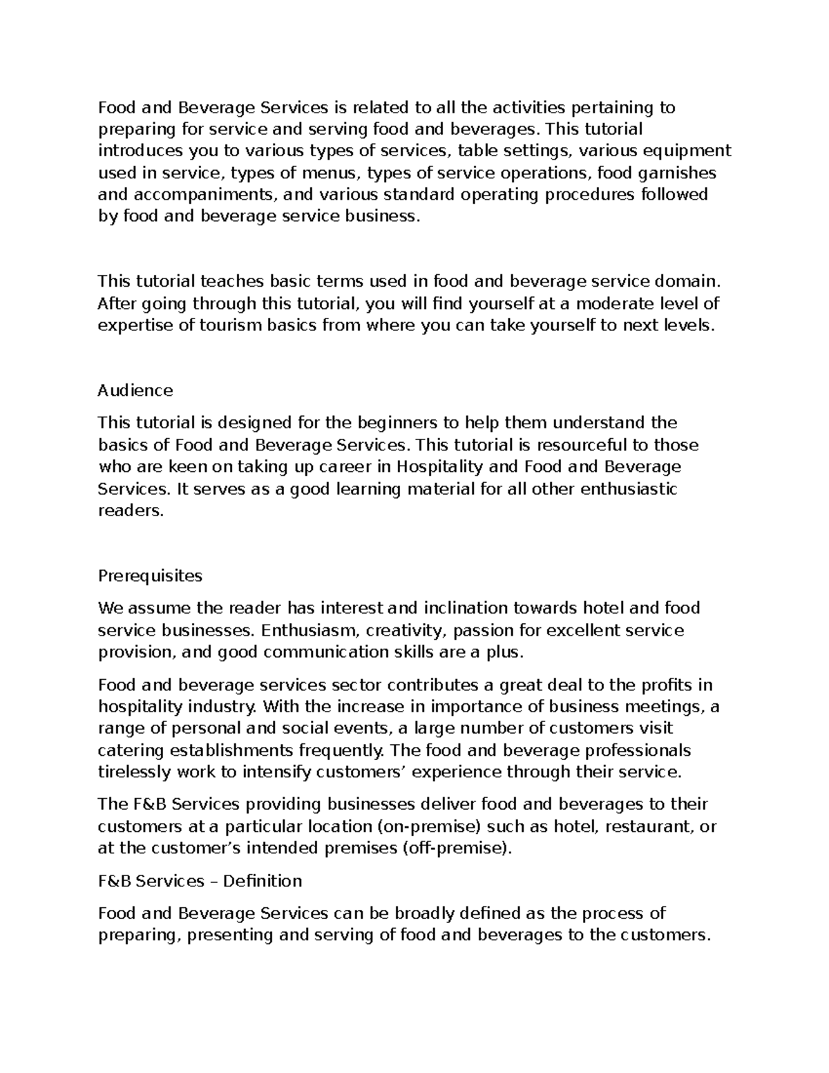 Food and Bev Operations: Essentials of F&B Services for Beginners - Studocu