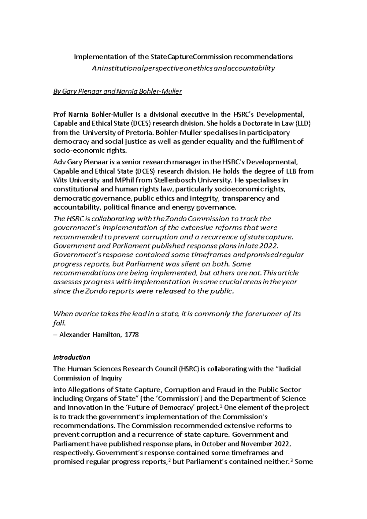 Implementation of State Capture Commission Recommendations: An Ethical ...