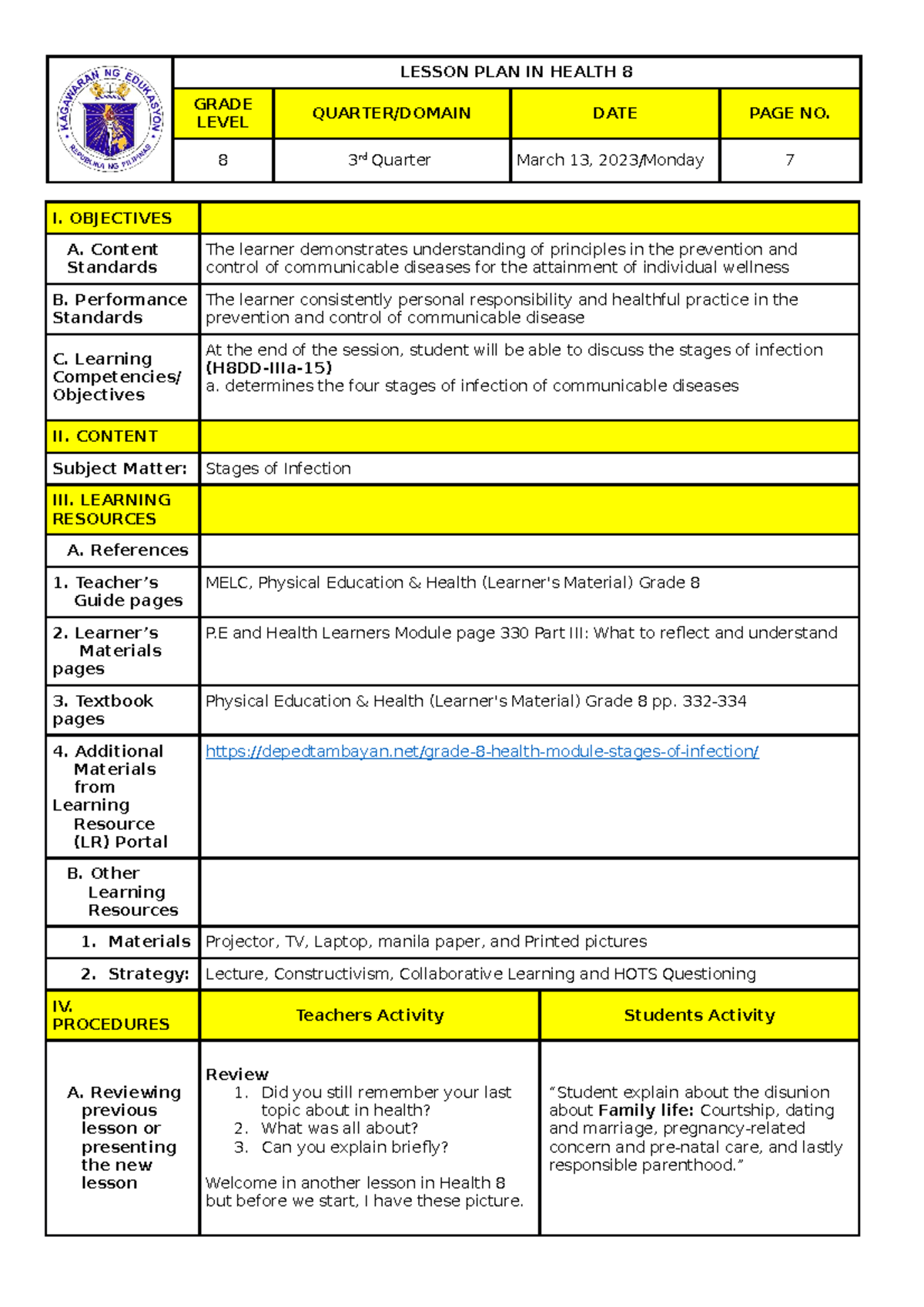March 13 Stages OF Infection - LESSON PLAN IN HEALTH 8 GRADE LEVEL ...