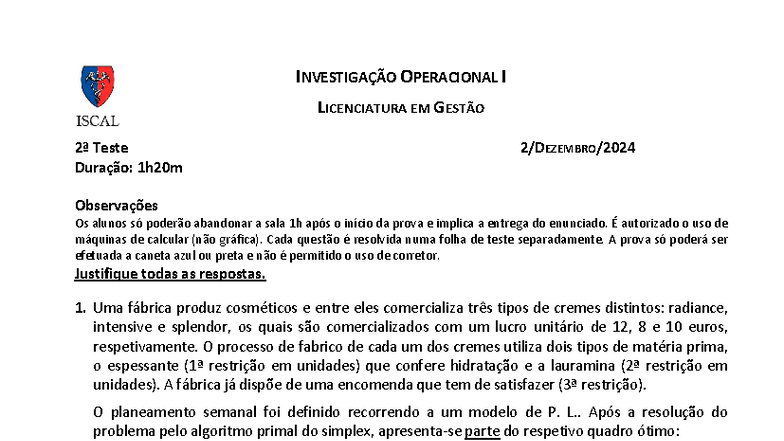 2º Teste de Investigação Operacional I - Lic. em Gestão 2024/2025 - Studocu