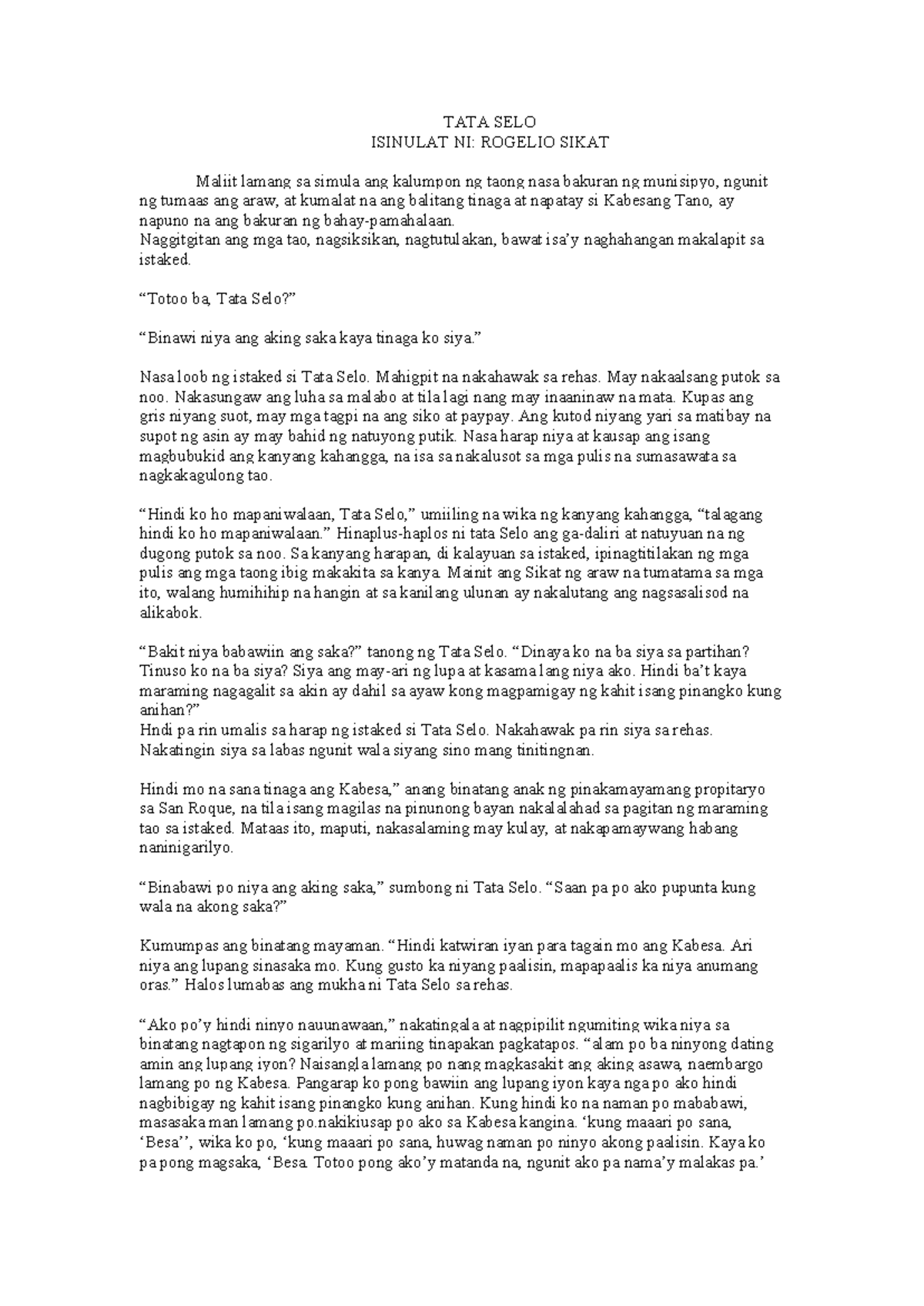TATA SELO - Buod ng Kwento ni Rogelio Sikat - Studocu
