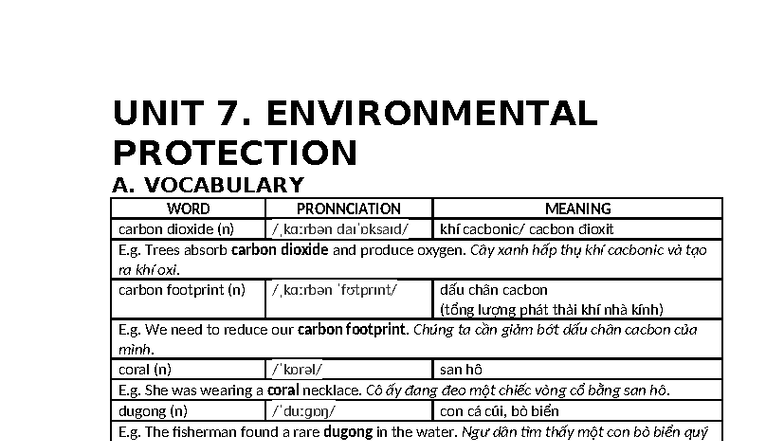 UNIT 7. ENVIRONMENTAL PROTECTION: VOCABULARY & GRAMMAR NOTES - Studocu