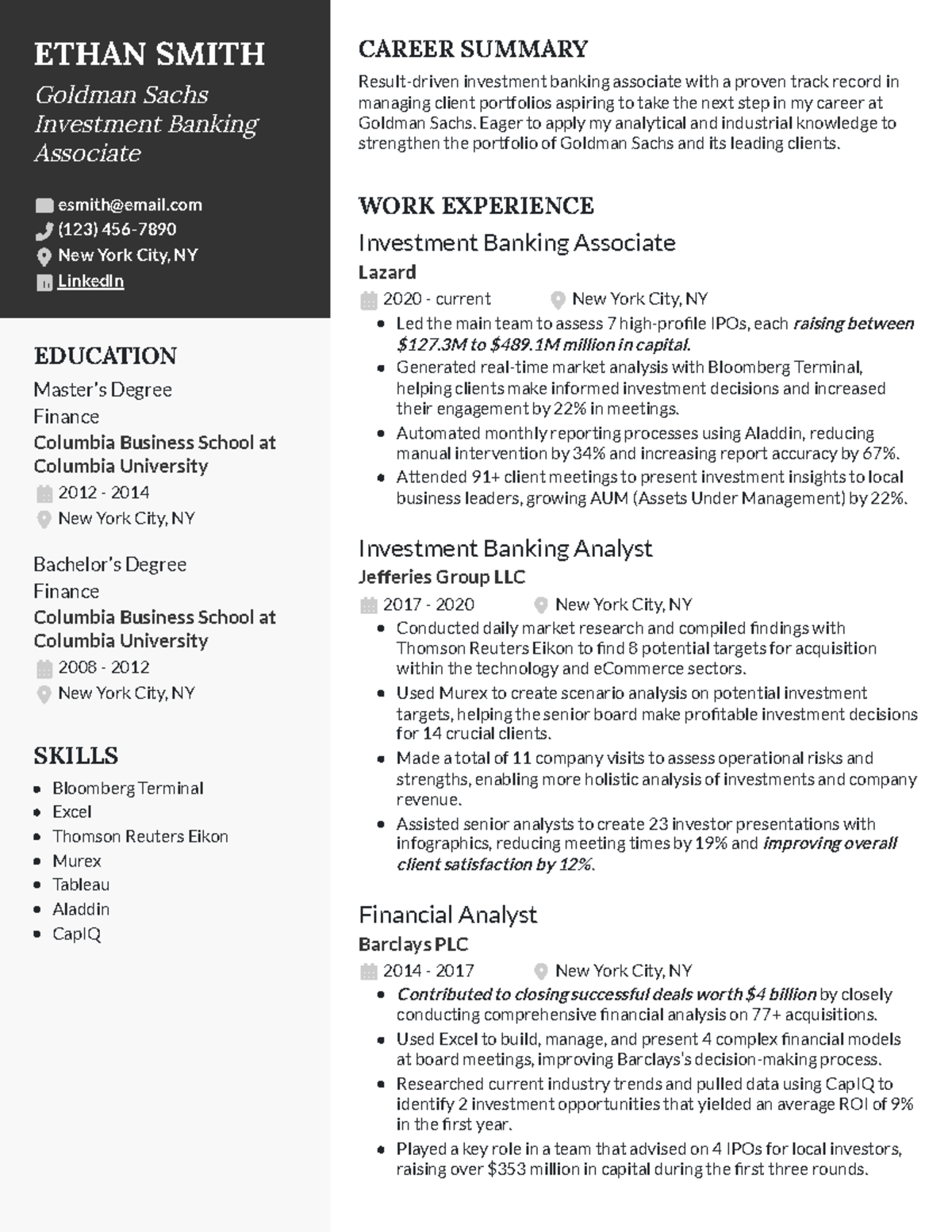 Goldman Sachs Investment Banking Resume Example (123) - Studocu