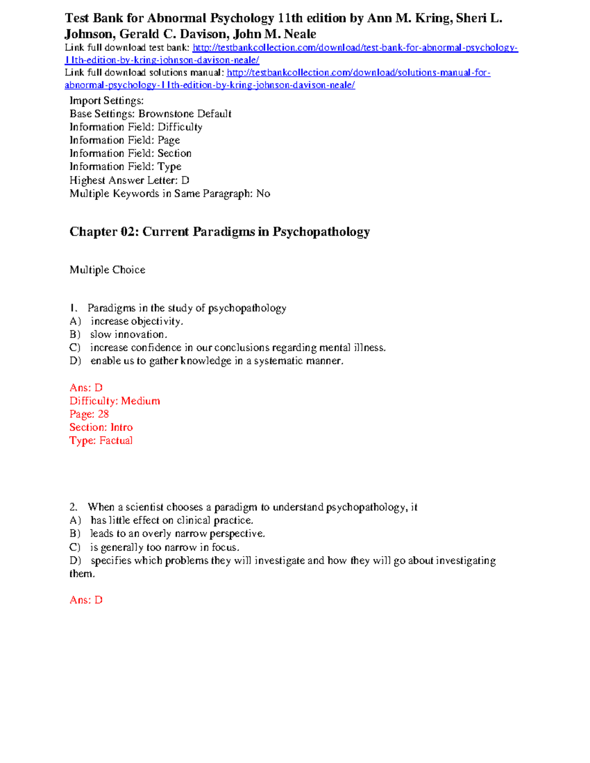 Test Bank - Abnormal Psychology (11th Ed.) Practice Questions - Studocu