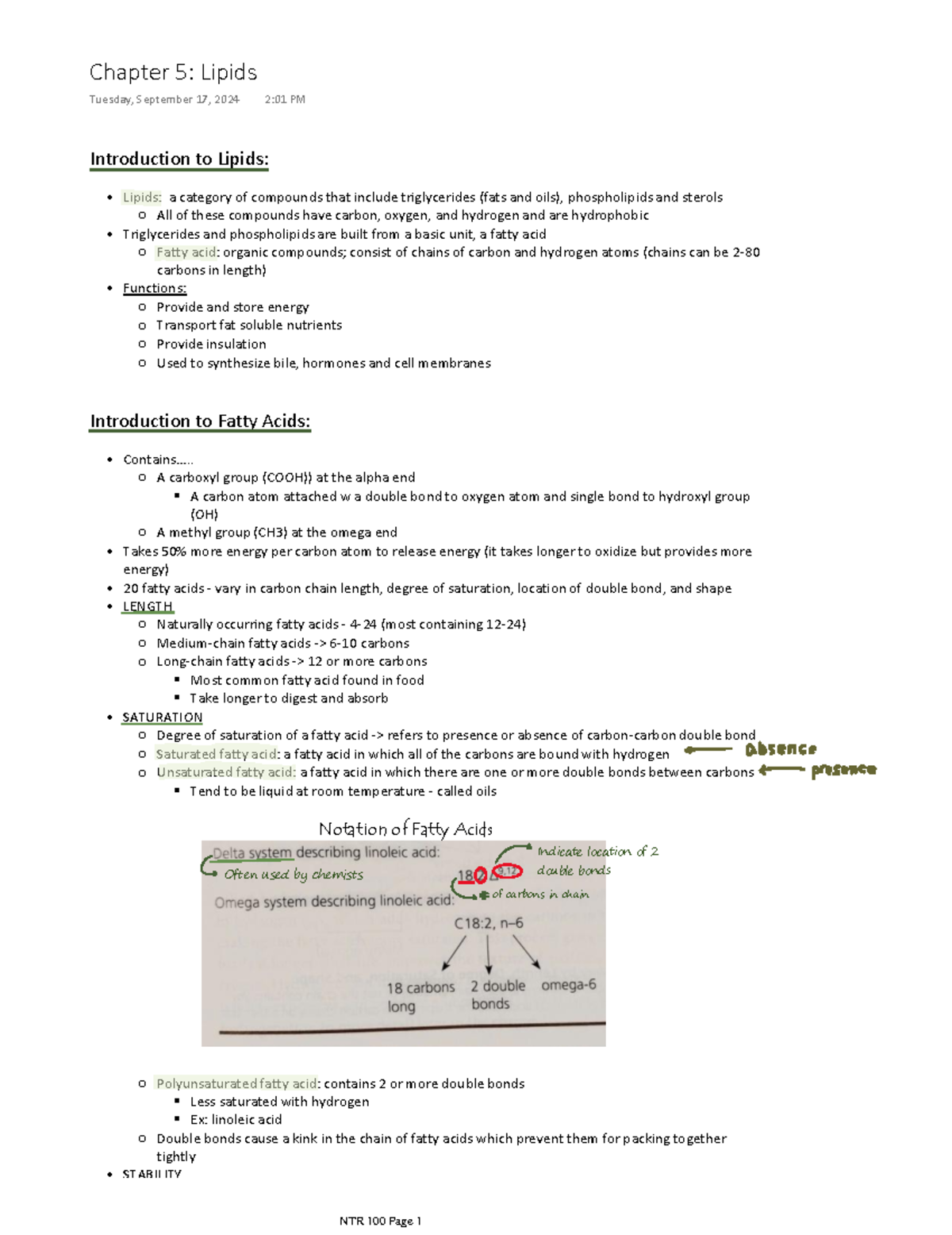 NTR 100 Introduction to Nutrition: Chapter 5 Lipids Summary Notes - Studocu