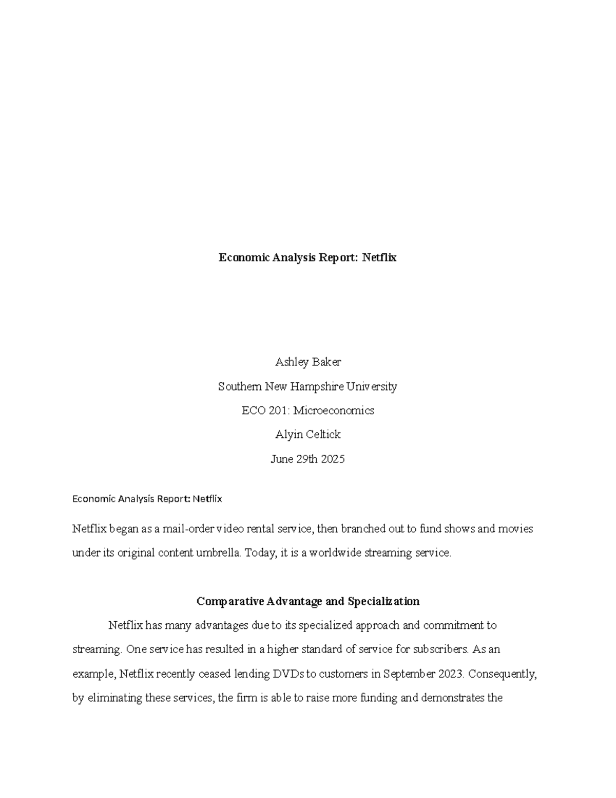Economic Analysis Report: Netflix - ECO 201 Microeconomics - Studocu