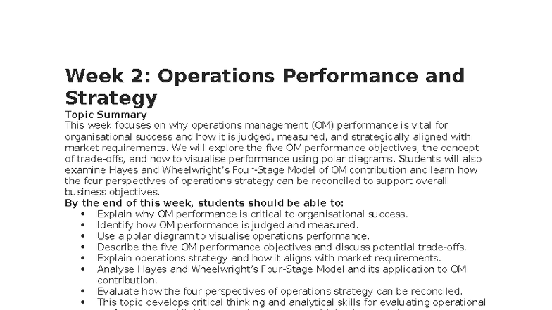 Week 2 Operations Perforamnce and Strategy - Week 2: Operations ...