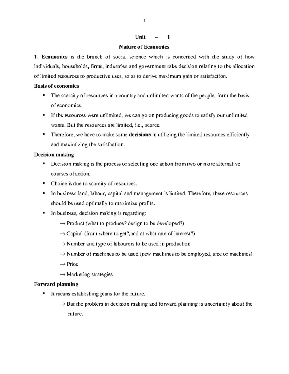 Economics Unit 1 - Key Concepts and Definitions Overview - Studocu
