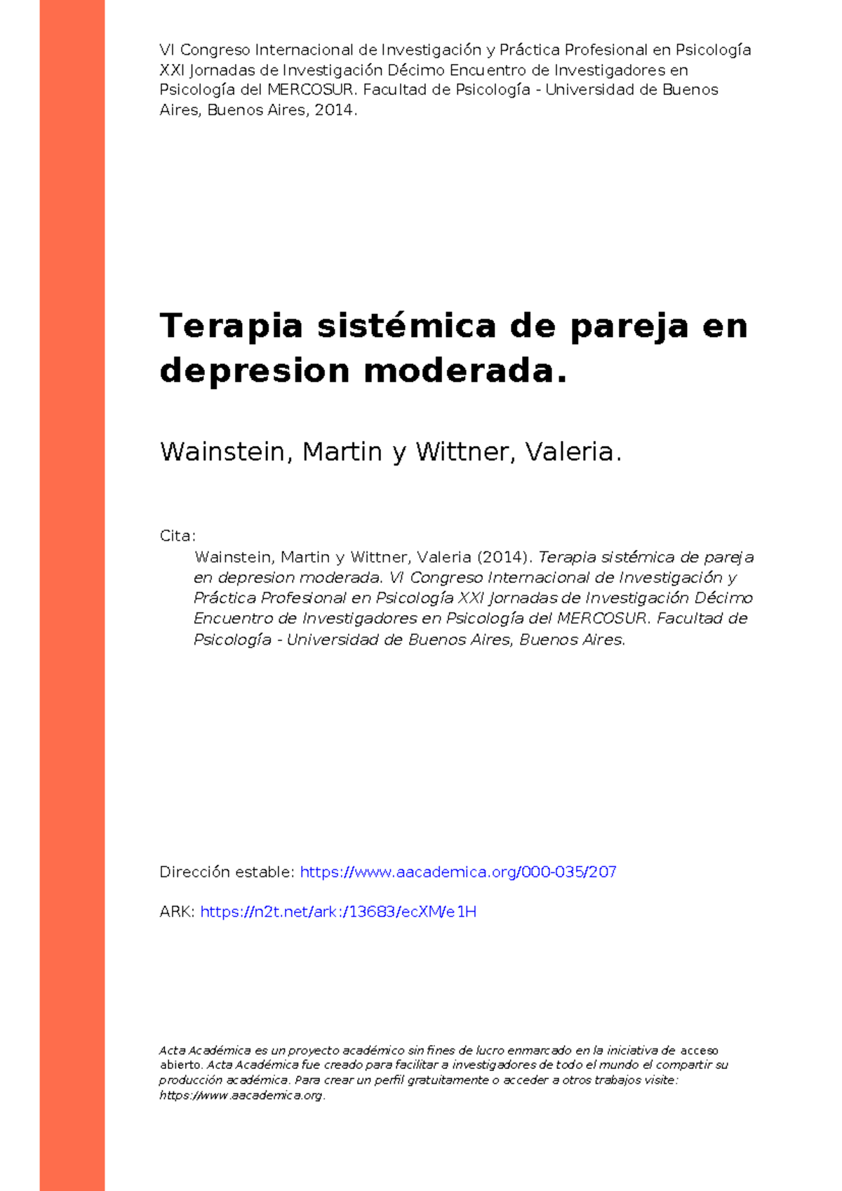 Terapia Sistémica de Pareja en Depresión Moderada - Wainstein & Wittner ...