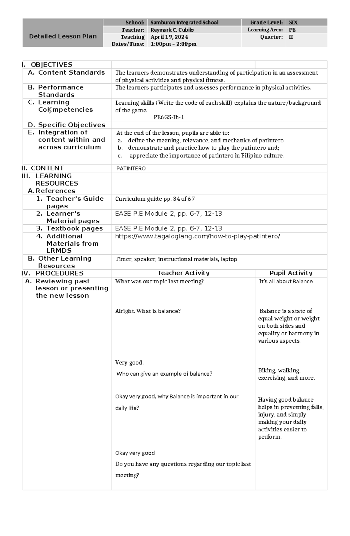 Sample-DLP-3: Lesson Plan on Basic Exercises in PE (Grade 6) - Studocu