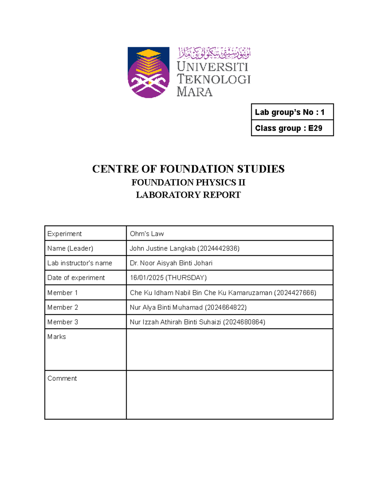 Ohm's Law - Lab report phy 098 - CENTRE OF FOUNDATION STUDIES ...