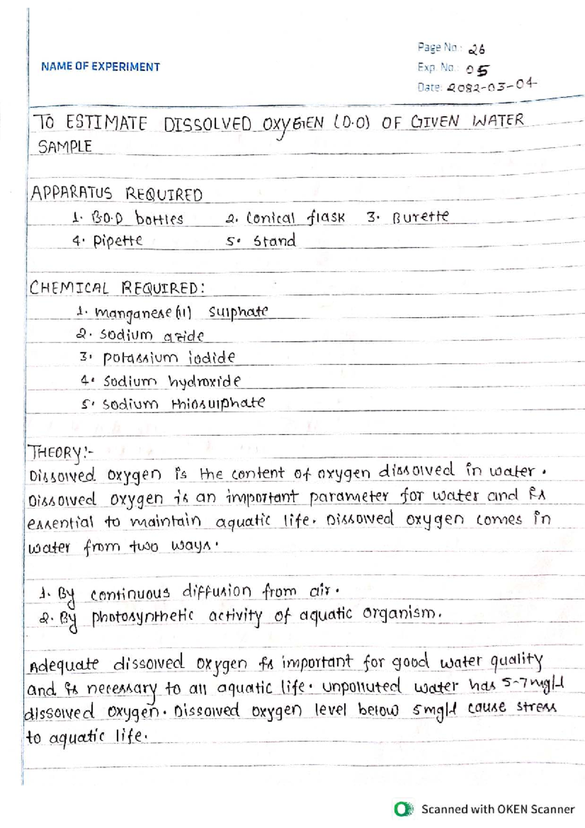 Chemistry Lab 05: Estimating Dissolved Oxygen in Water Sample - Studocu