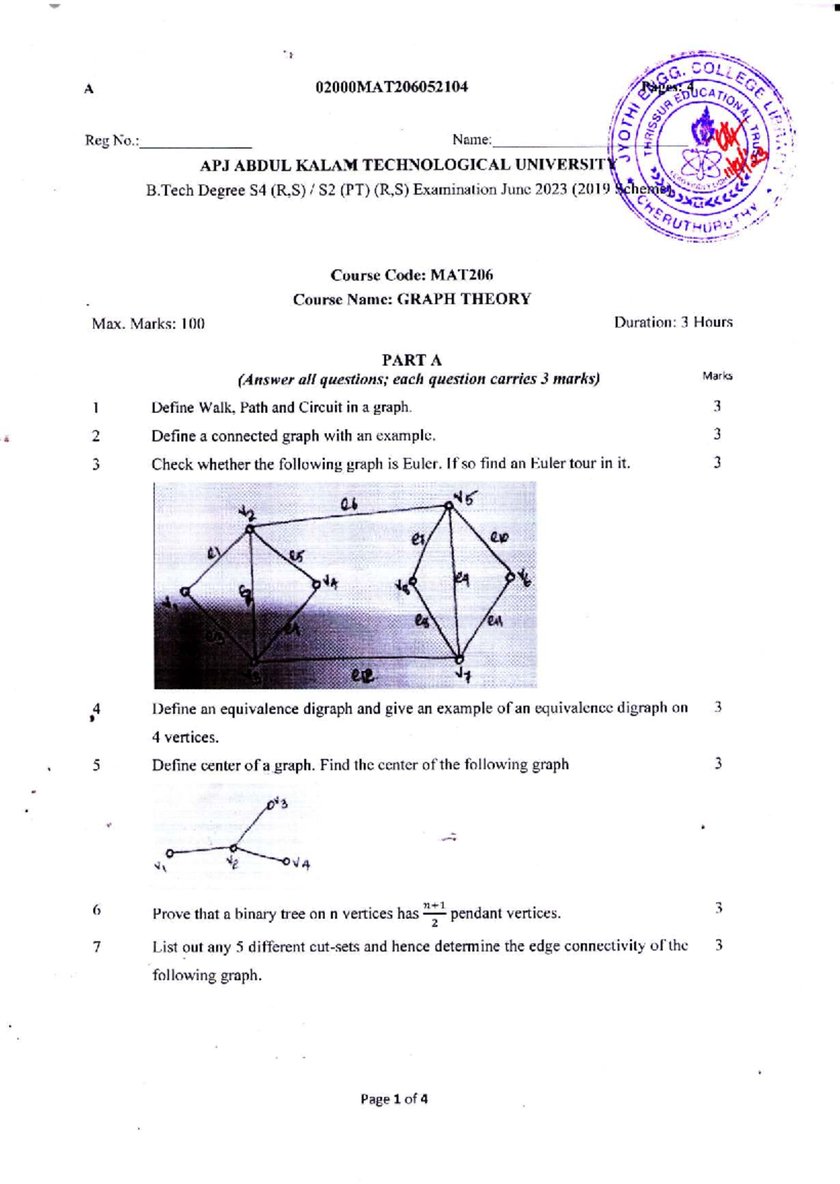 MAT206 Graph Theory Exam June 2023 - B.Tech Degree Questions - Studocu