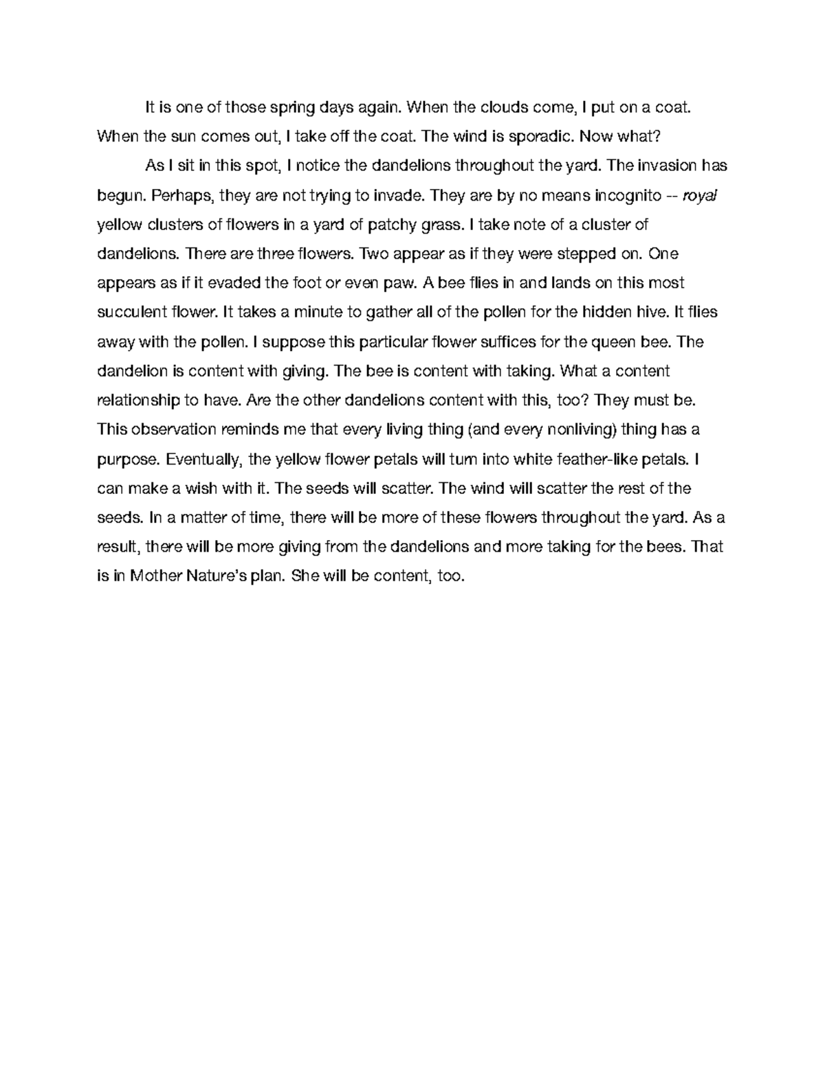 HONR225 Reflection on Nature: Observations from Sit Spot #4 - Studocu