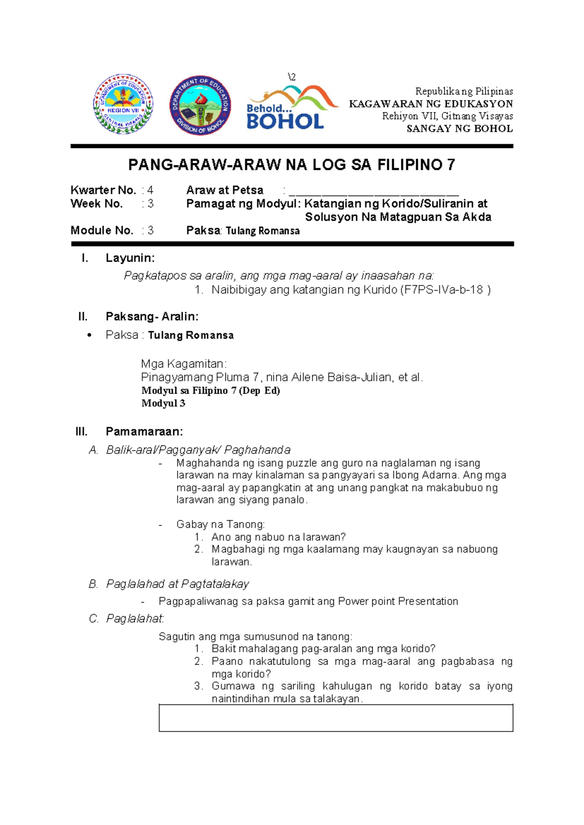 Filipino 7 Q4 WK3 - Katangian at Solusyon sa Ibong Adarna - Studocu