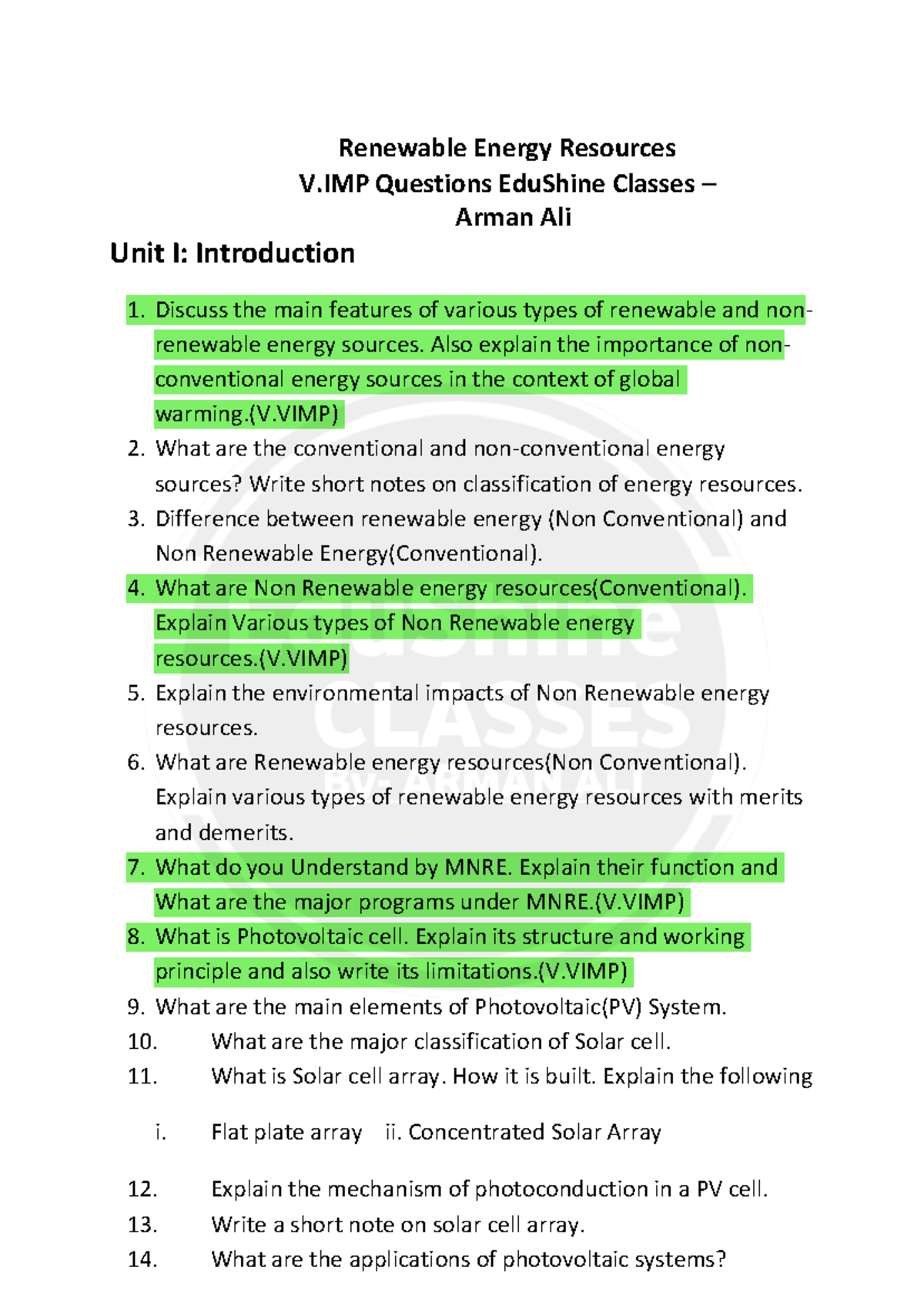 Renewable Energy Resources: Important Questions for BTECH (SEM VII ...