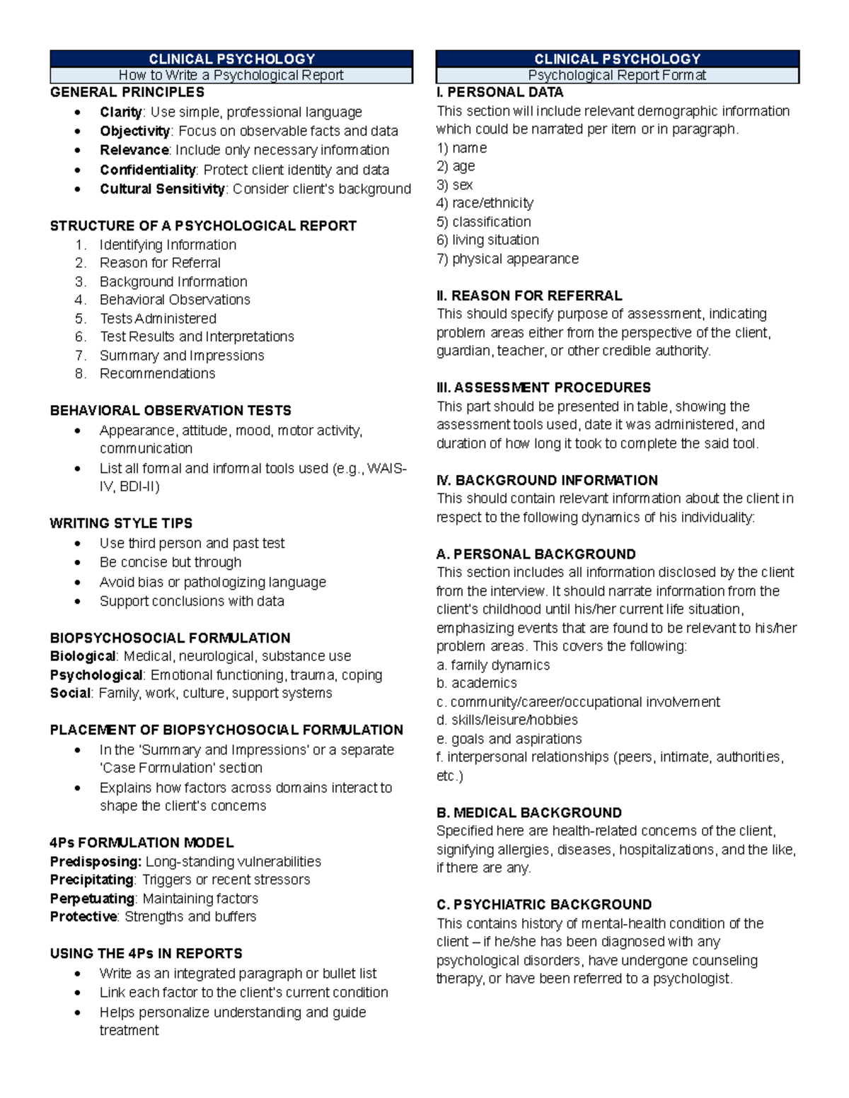 Clinical Psychology (CLIN PSYCH) Lecture Notes: Writing Psychological ...