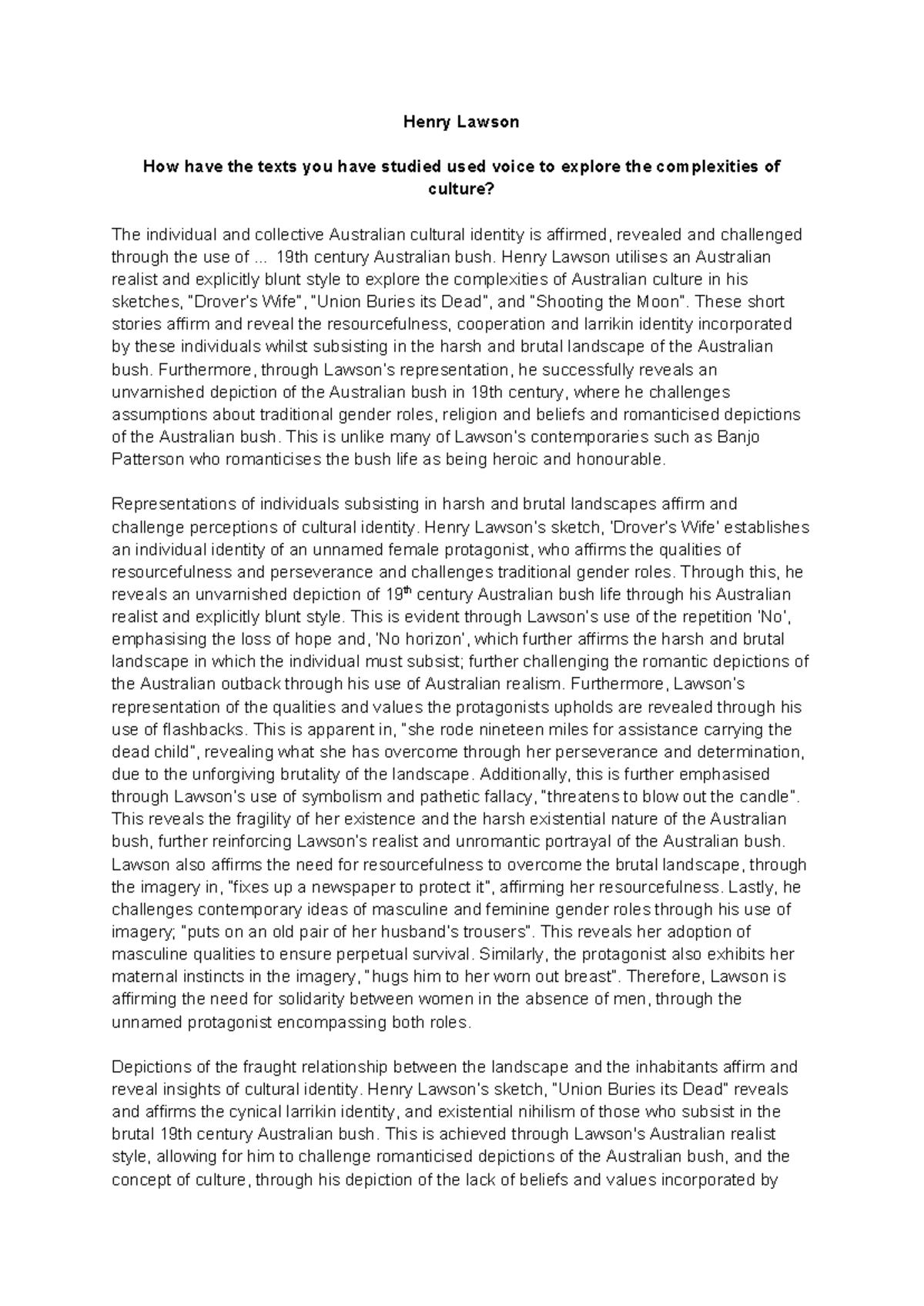 HSC Henry Lawson Draft Essay - Henry Lawson How have the texts you have ...