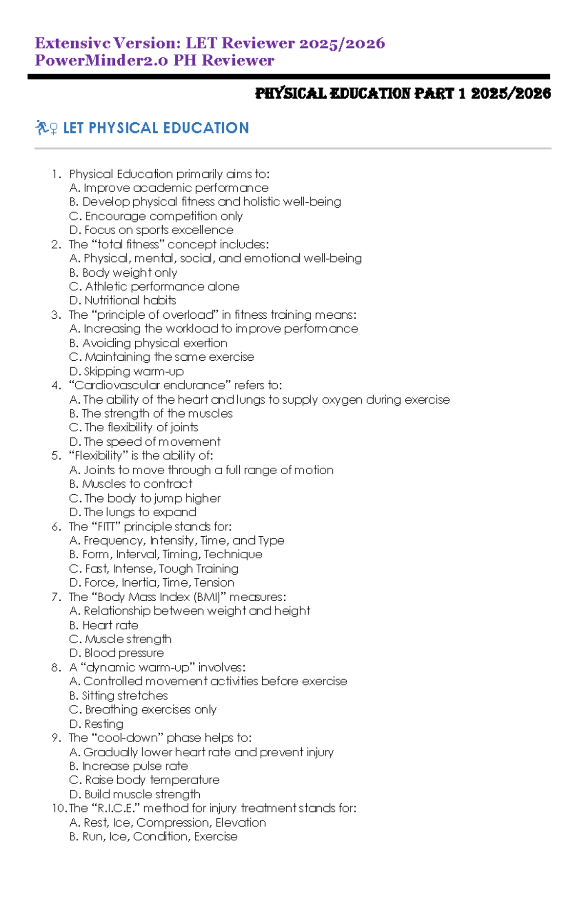 LET Reviewer: Physical Education Part 1 - PowerMinder 2.0 - Studocu