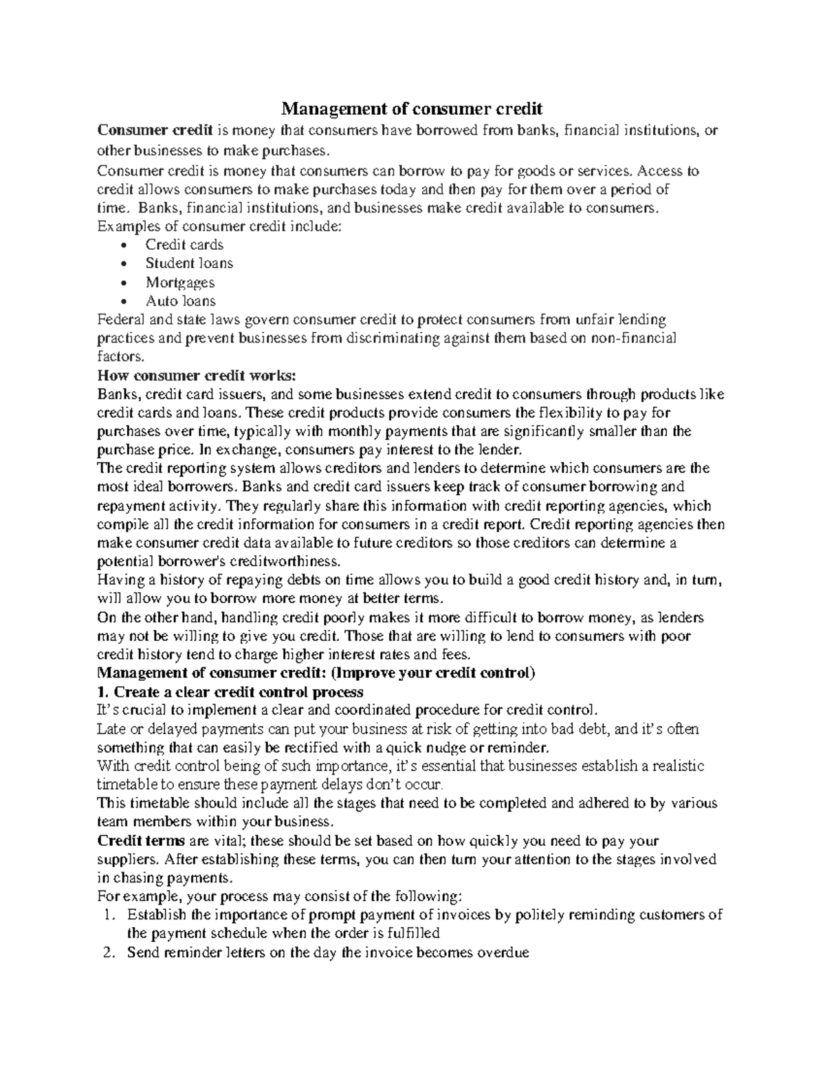 Lecture 7,8 consumer collection, policies and practices - Management of ...