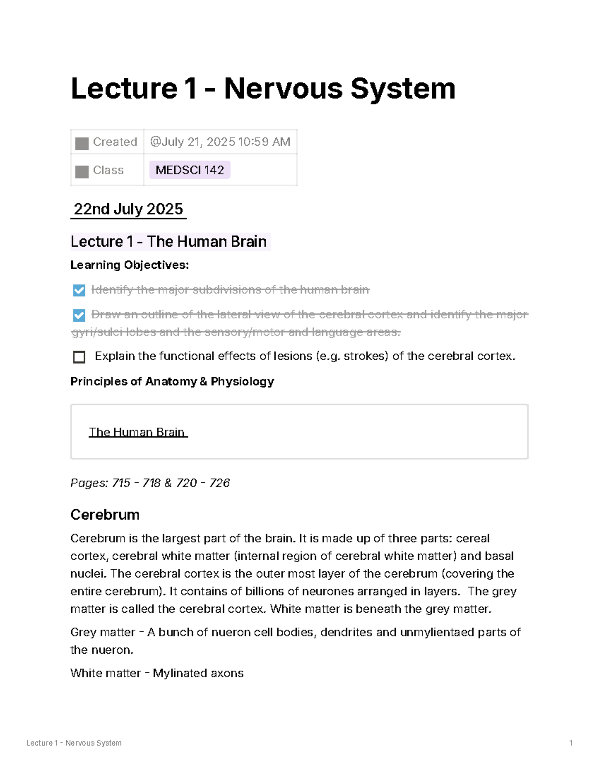 Lecture 1: Overview of the Human Brain - MEDSCI 142 - Studocu