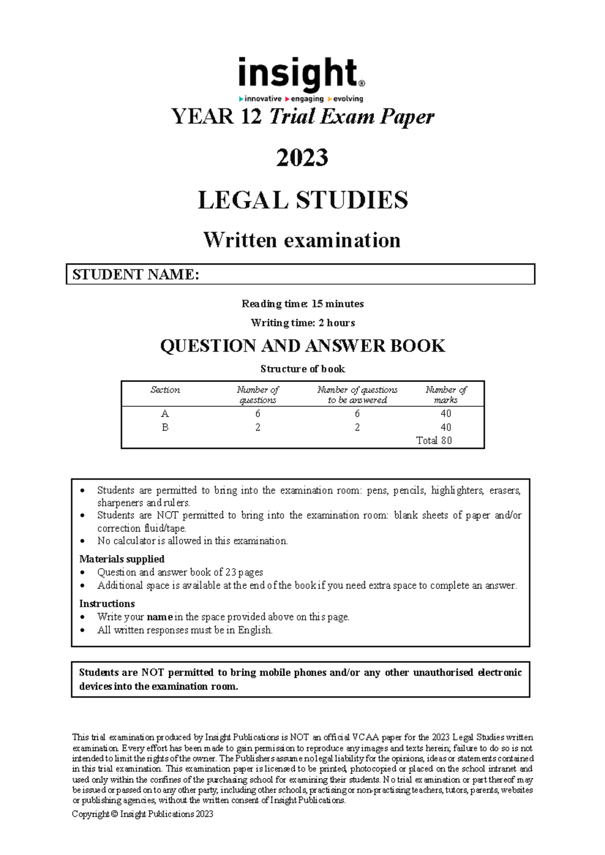 Year 12 LEGAL STUDIES Trial Exam Paper 2023 - Insights & Guidelines ...