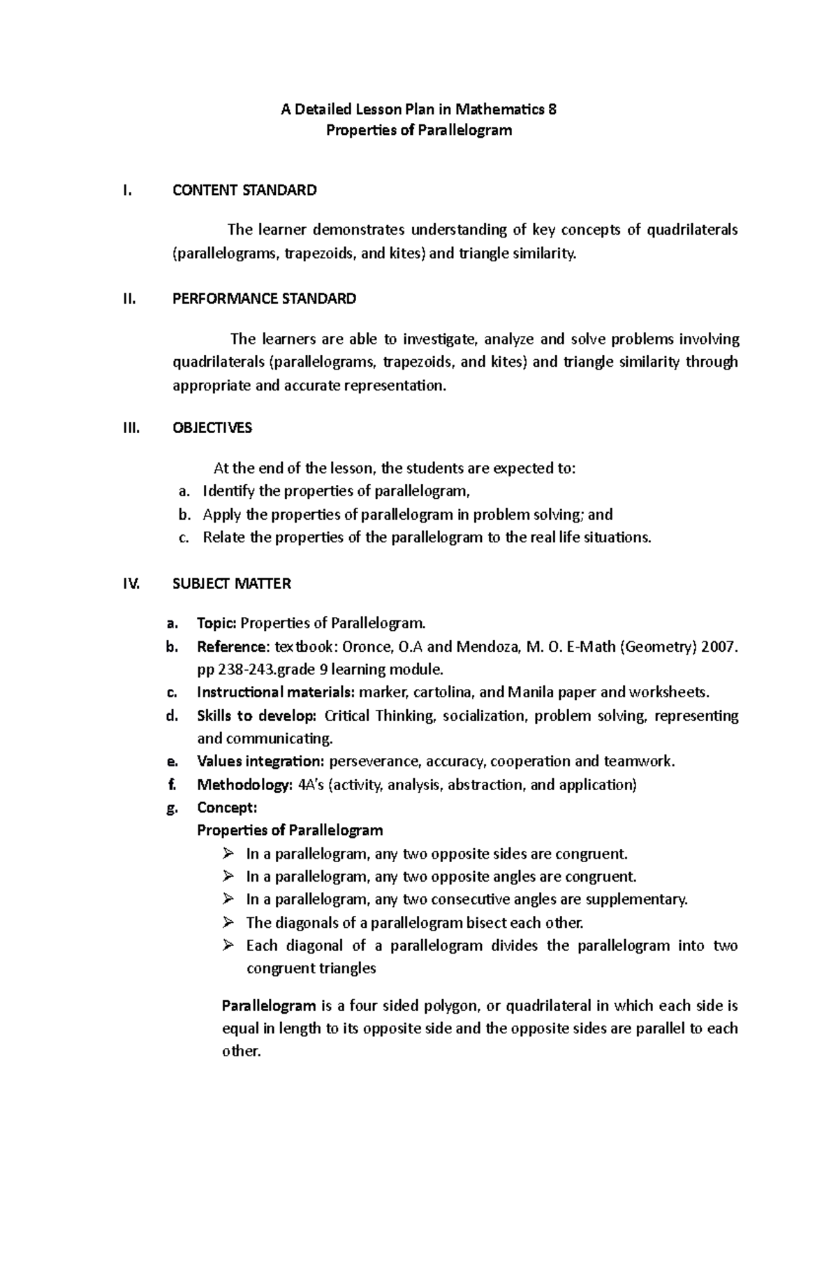 Grade 9 Mathematics Lesson Plan: Properties of Parallelograms - Studocu