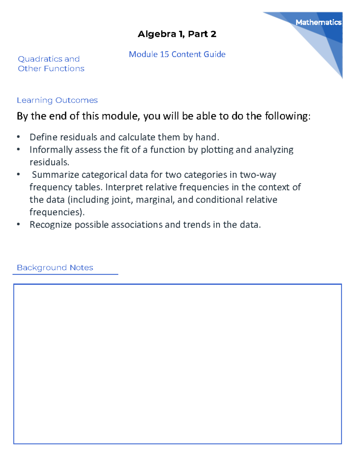 Algebra 1, Part 2: Module 15 Guide on Quadratics & Functions Analysis ...