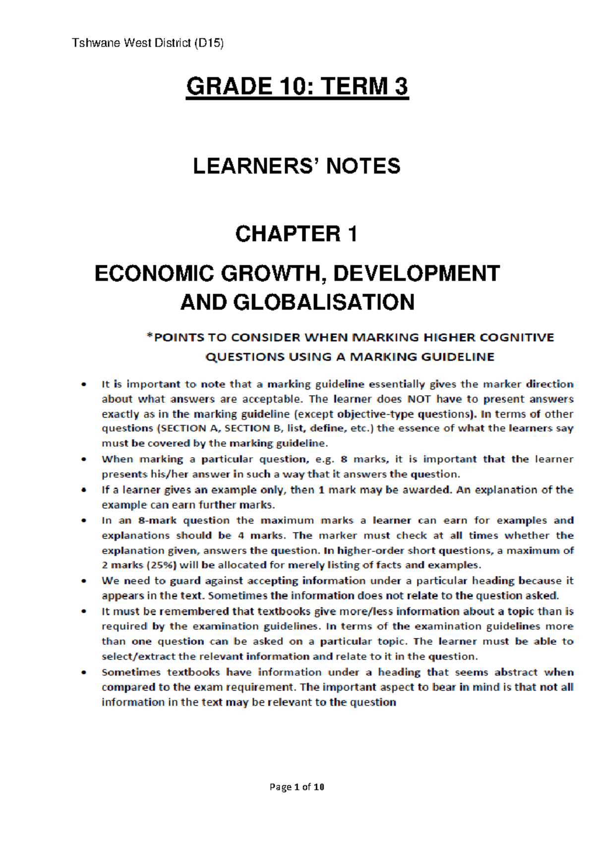 Grade 10 Economic Growth, Development & Globalisation - Term 3 Notes ...